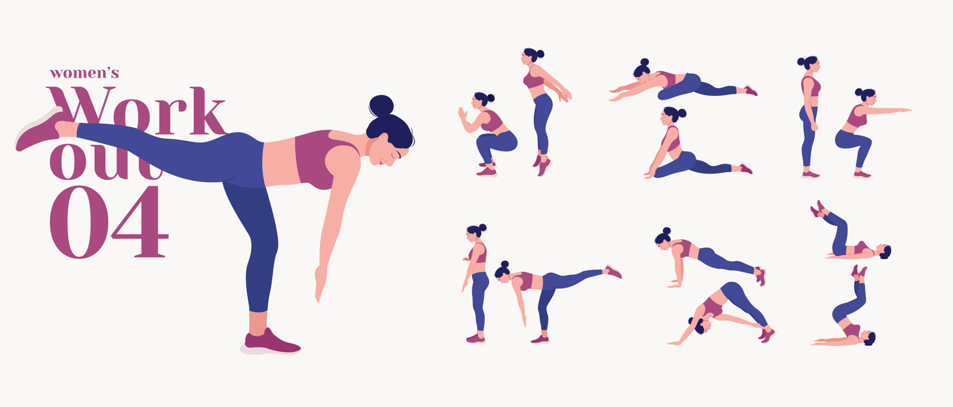 Workout Girl Set Woman Doing Fitness And Yoga Exercises Lunges And Squats Plank And Abc Full