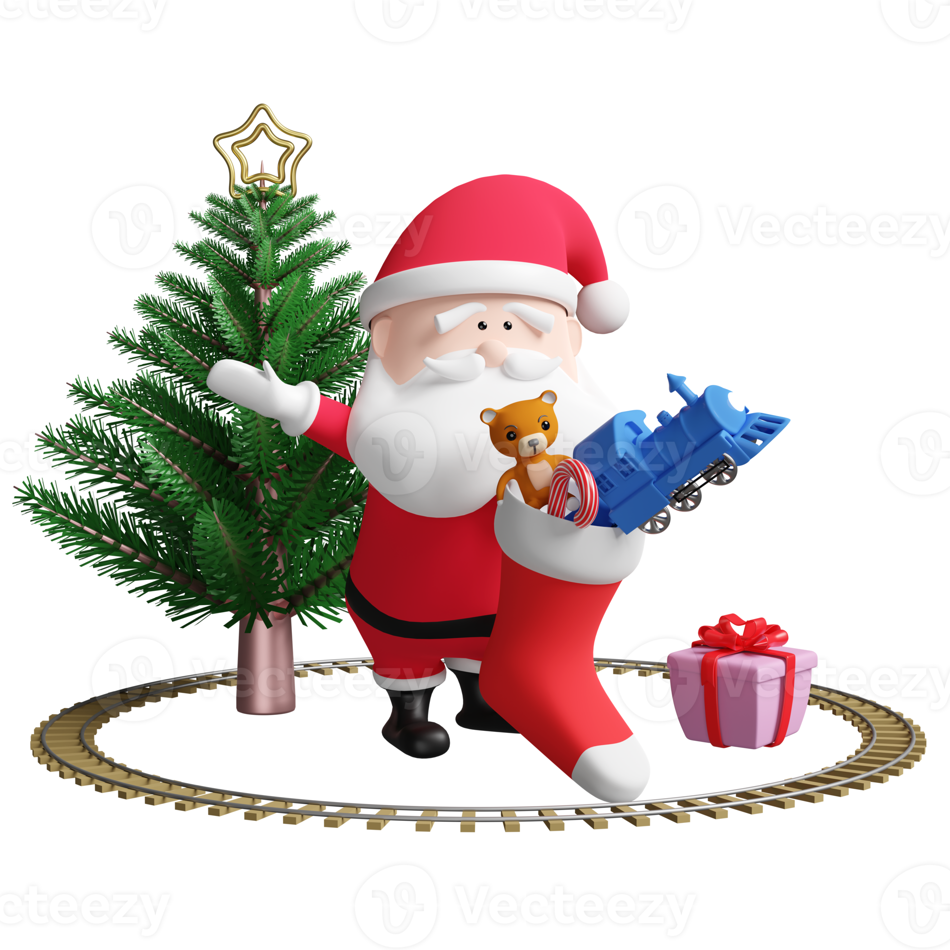 Christmas Tree With Santa Claus Steam Train Toy Christmas Socks Isolated Website Poster Or