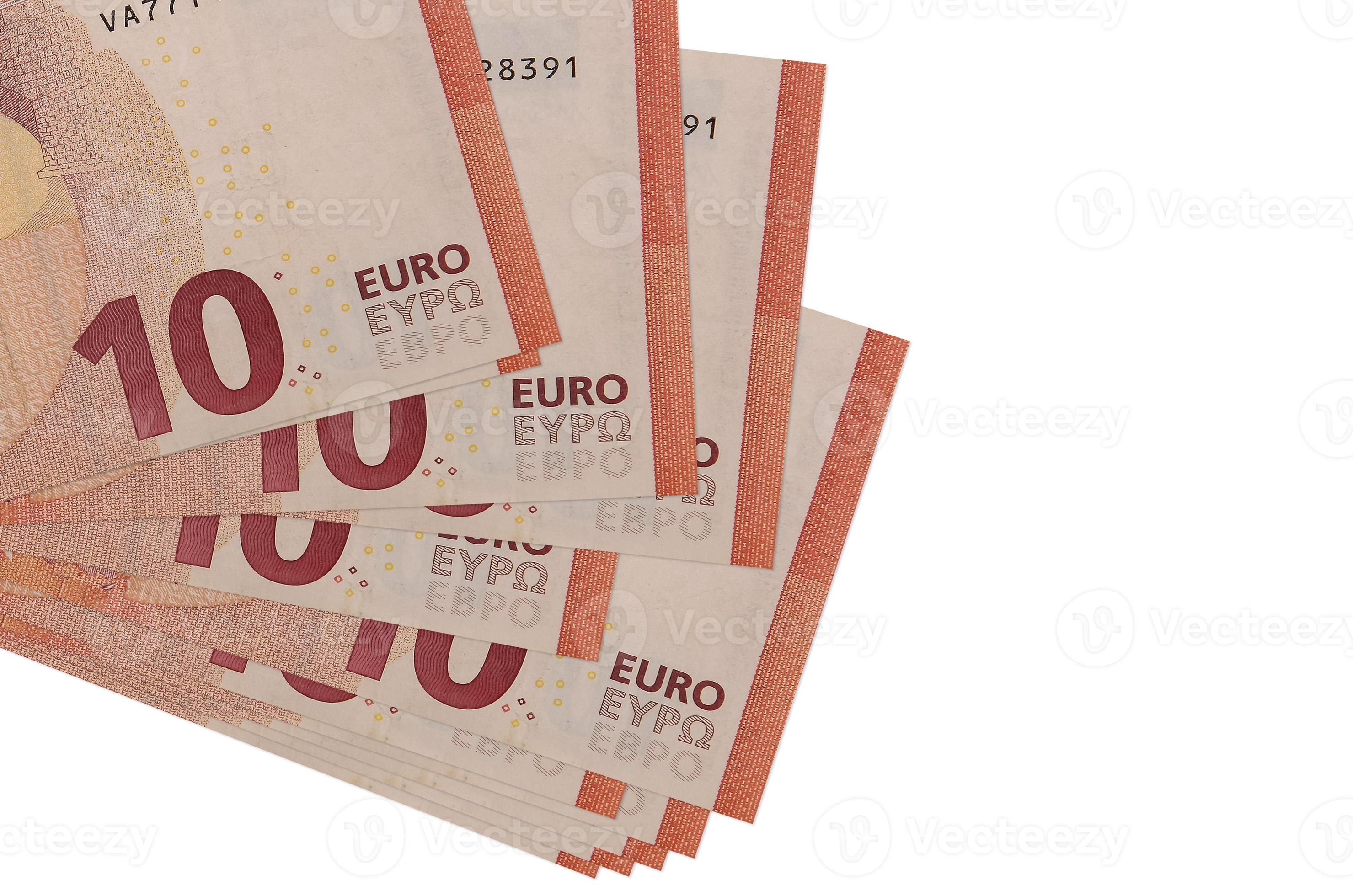 10 euro bills lies in small bunch or pack isolated on white. Mockup with copy space. Business ...