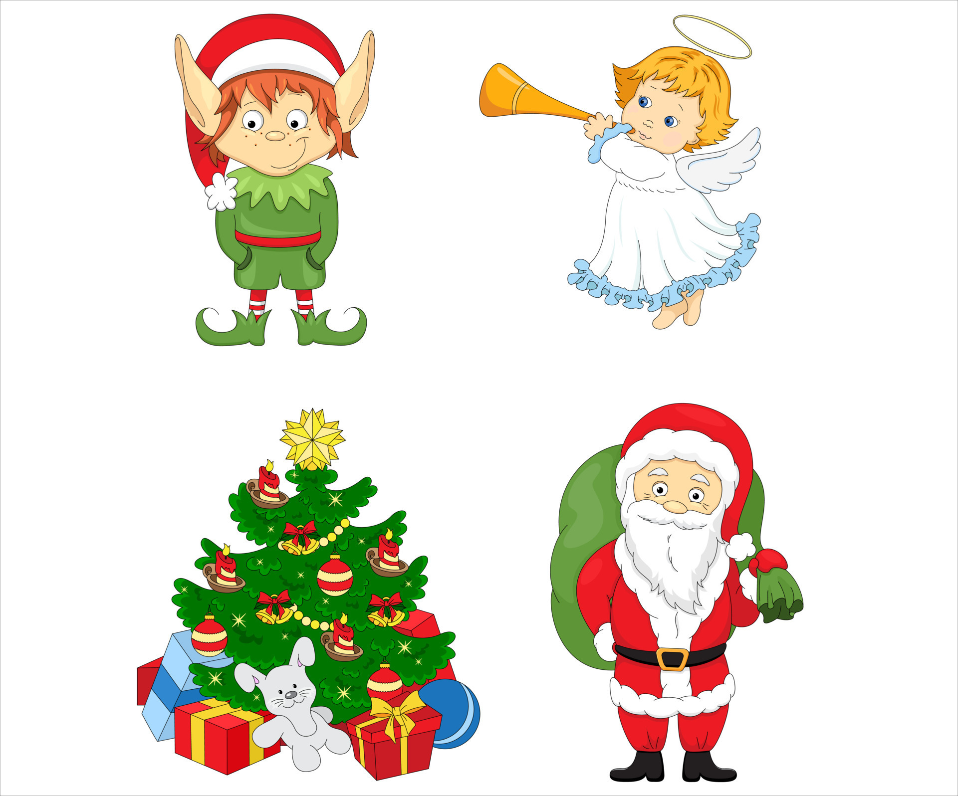 Cartoon Vector Illustrations Of Santa Claus And Friend Christmas Tree