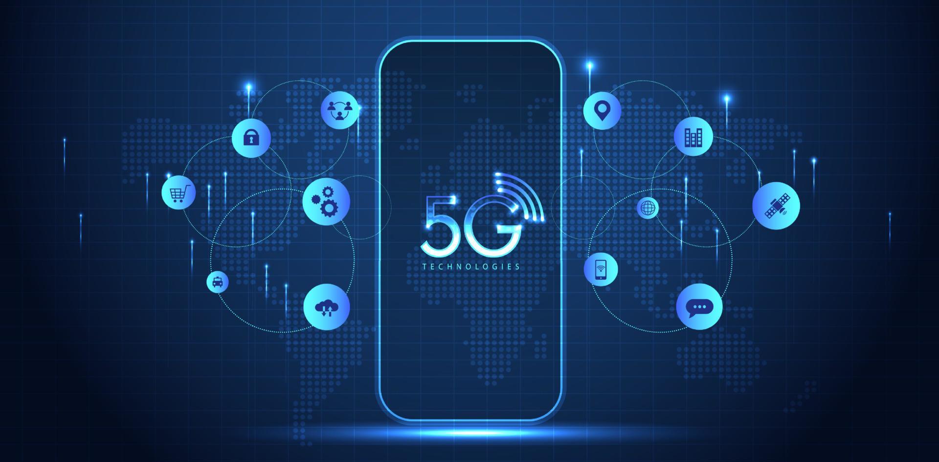 5G technology with computer and mobine network connection line between building. Connectivity ...