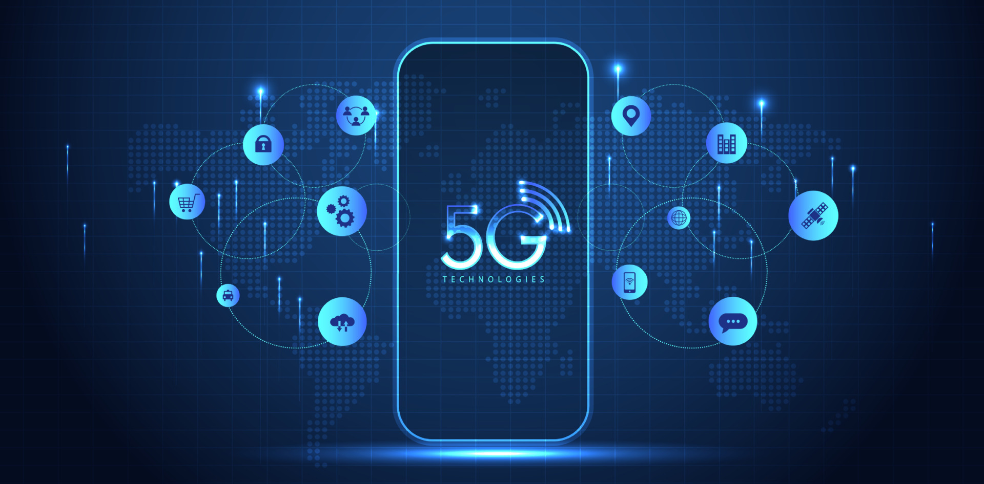 5G technology with computer and mobine network connection line between building. Connectivity ...