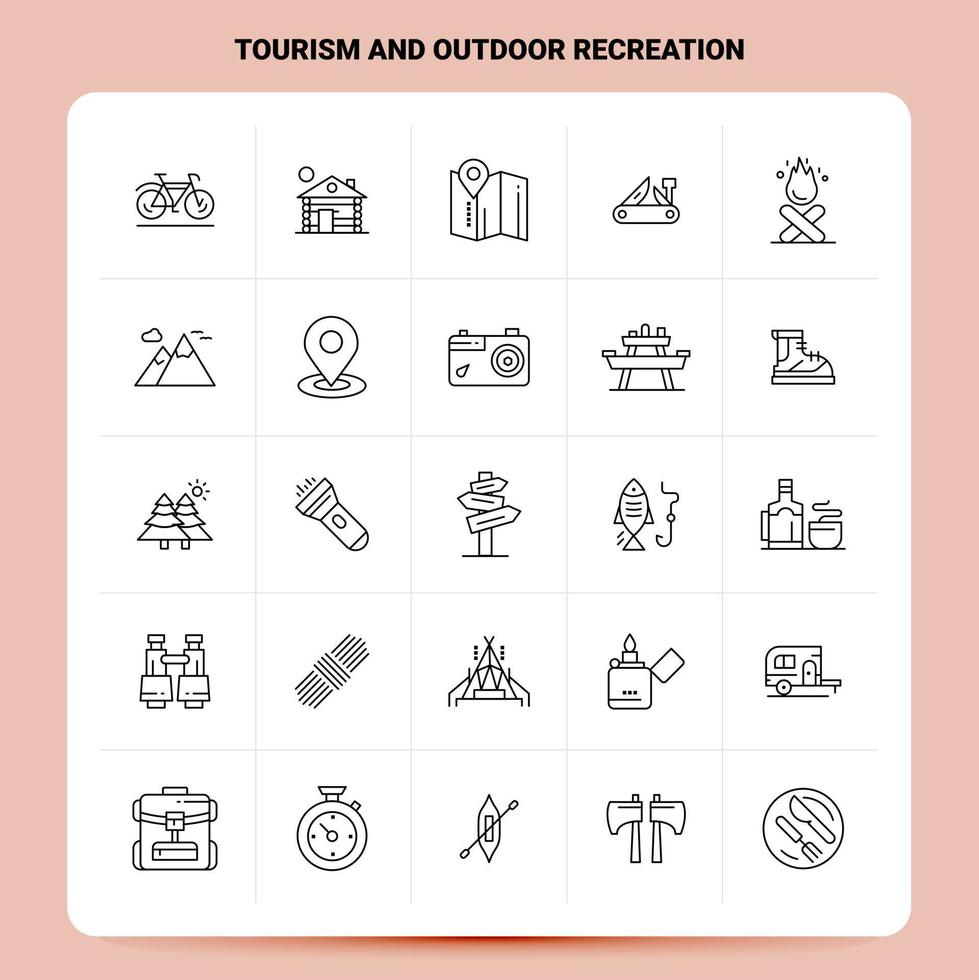 Outline 25 Tourism And Outdoor Recreation Icon Set Vector Line Style Design Black Icons Set