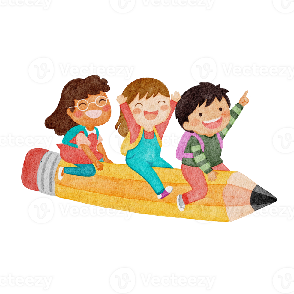Watercolors, the children sit happily on pencils. 14574876 PNG