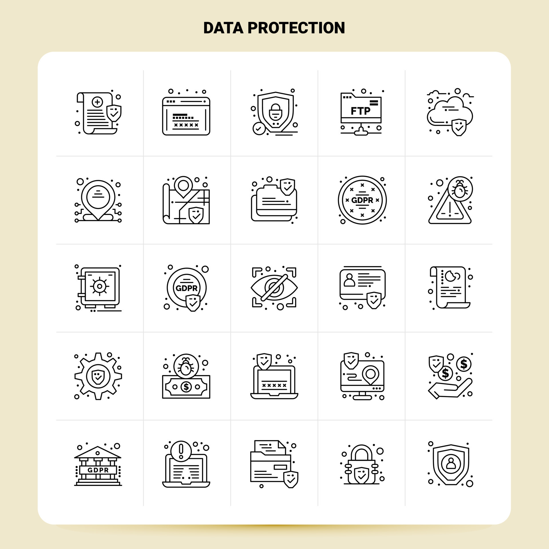 Outline 25 Data Protection Icon Set Vector Line Style Design Black