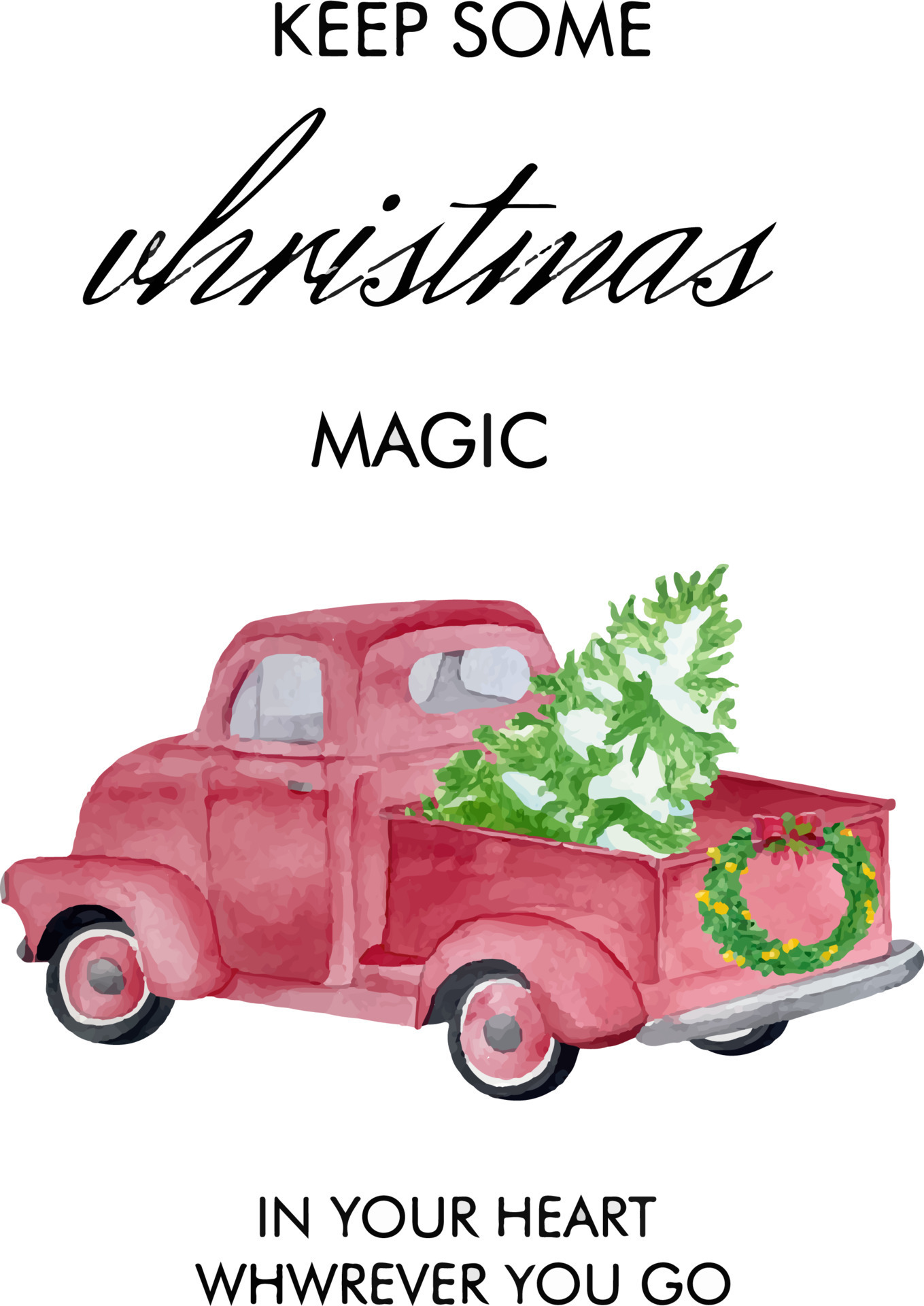 Watercolor christmas card with red truck with pine tree and gift boxes ...