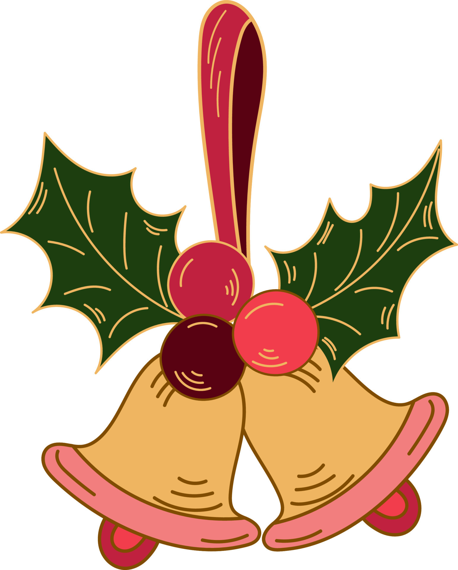 Christmas decoration, two golden bells with holly leaves and berries on ...