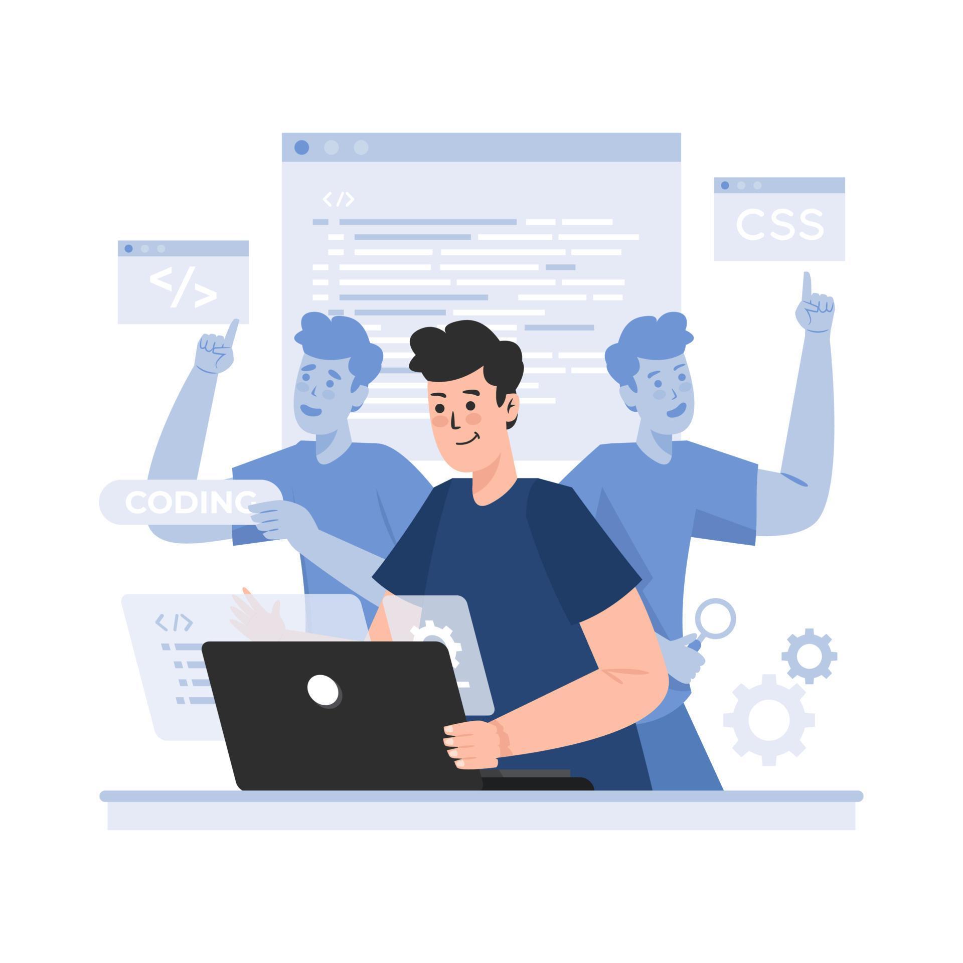 Multitasking programmer flat illustration 14622048 Vector Art at Vecteezy