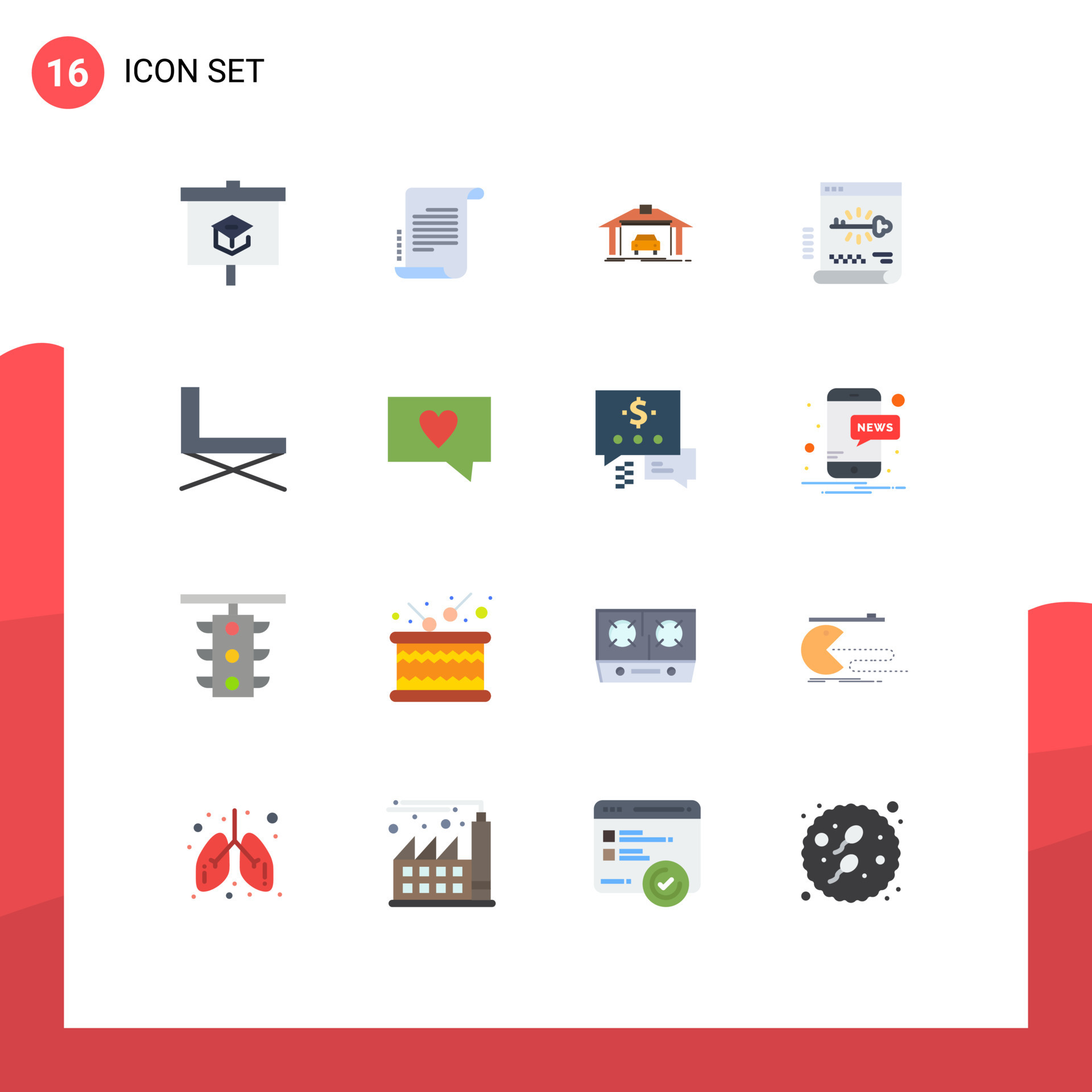 Set Of 16 Modern Ui Icons Symbols Signs For Chair Document Garage Login Key Editable Pack Of
