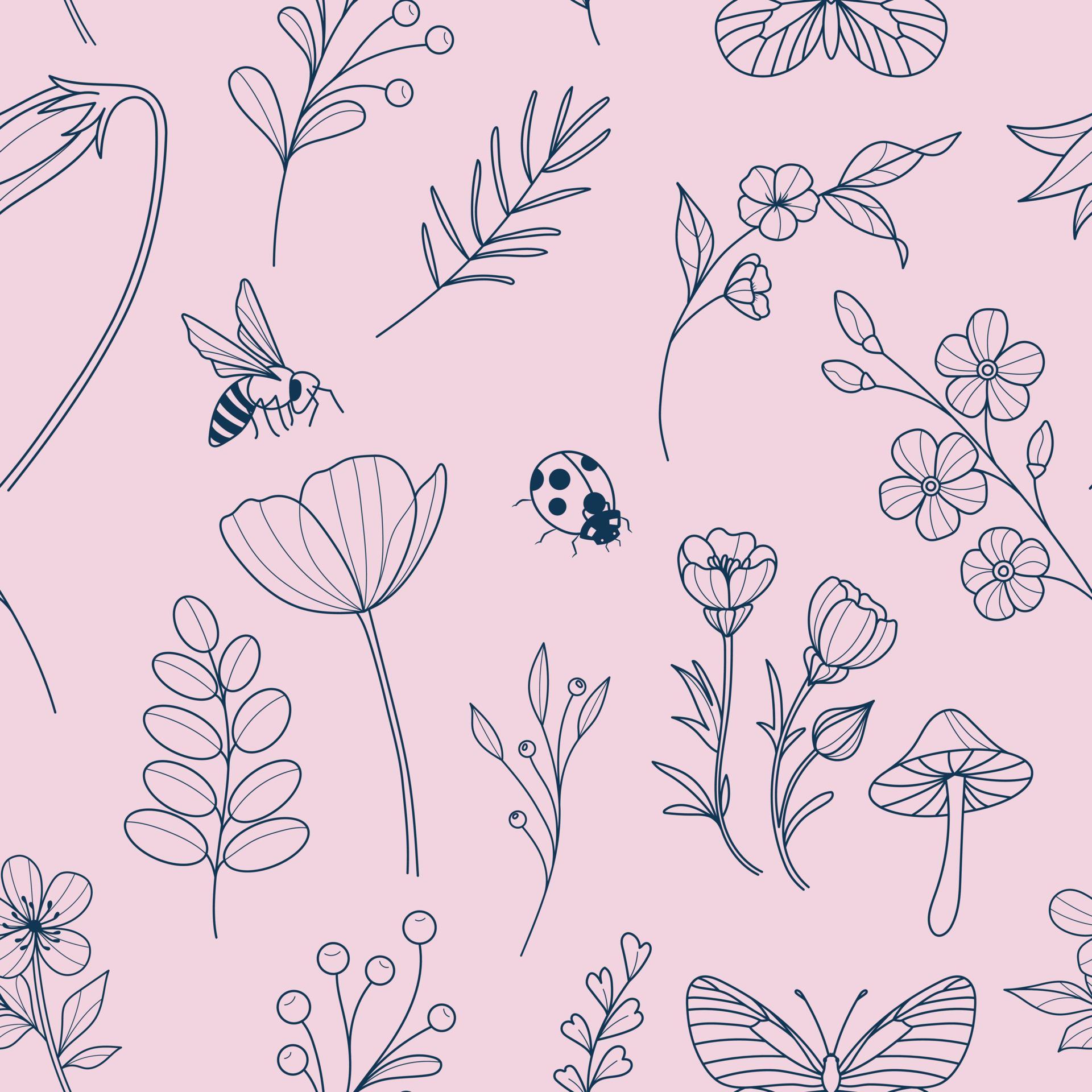 Nature pattern with line art illustration, pink and blue vector repeat ...
