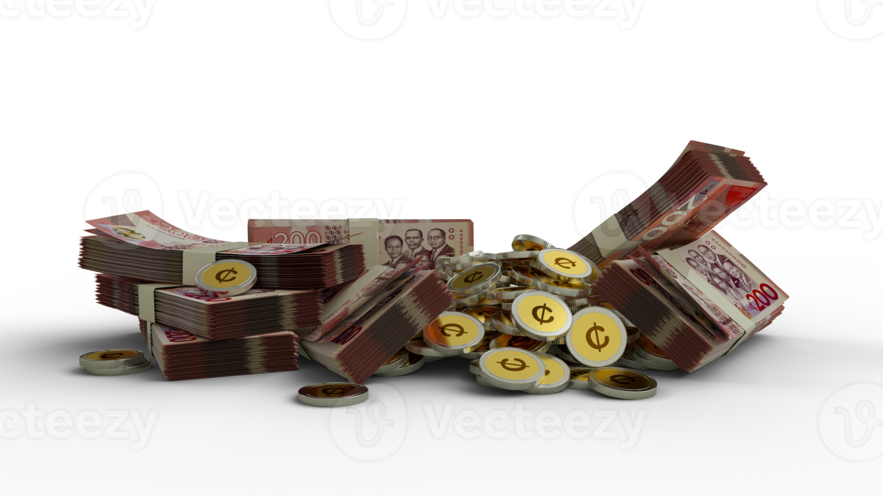 Stacks Of Ghanaian Cedi Notes And Coins 3d Rendering Of Bundles Of Banknotes And Coin Concept