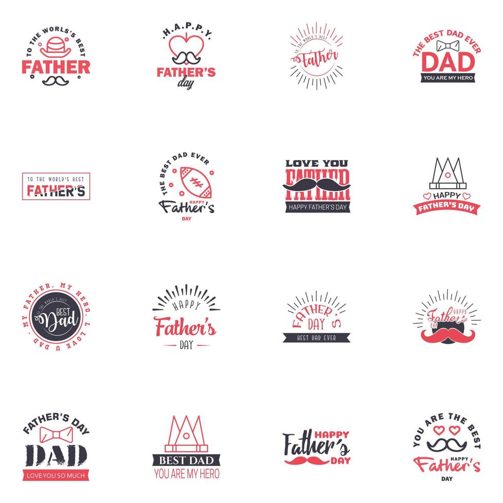 Happy Fathers Day Greeting Cards Set 16 Black And Pink Vector Typography Lettering Usable For