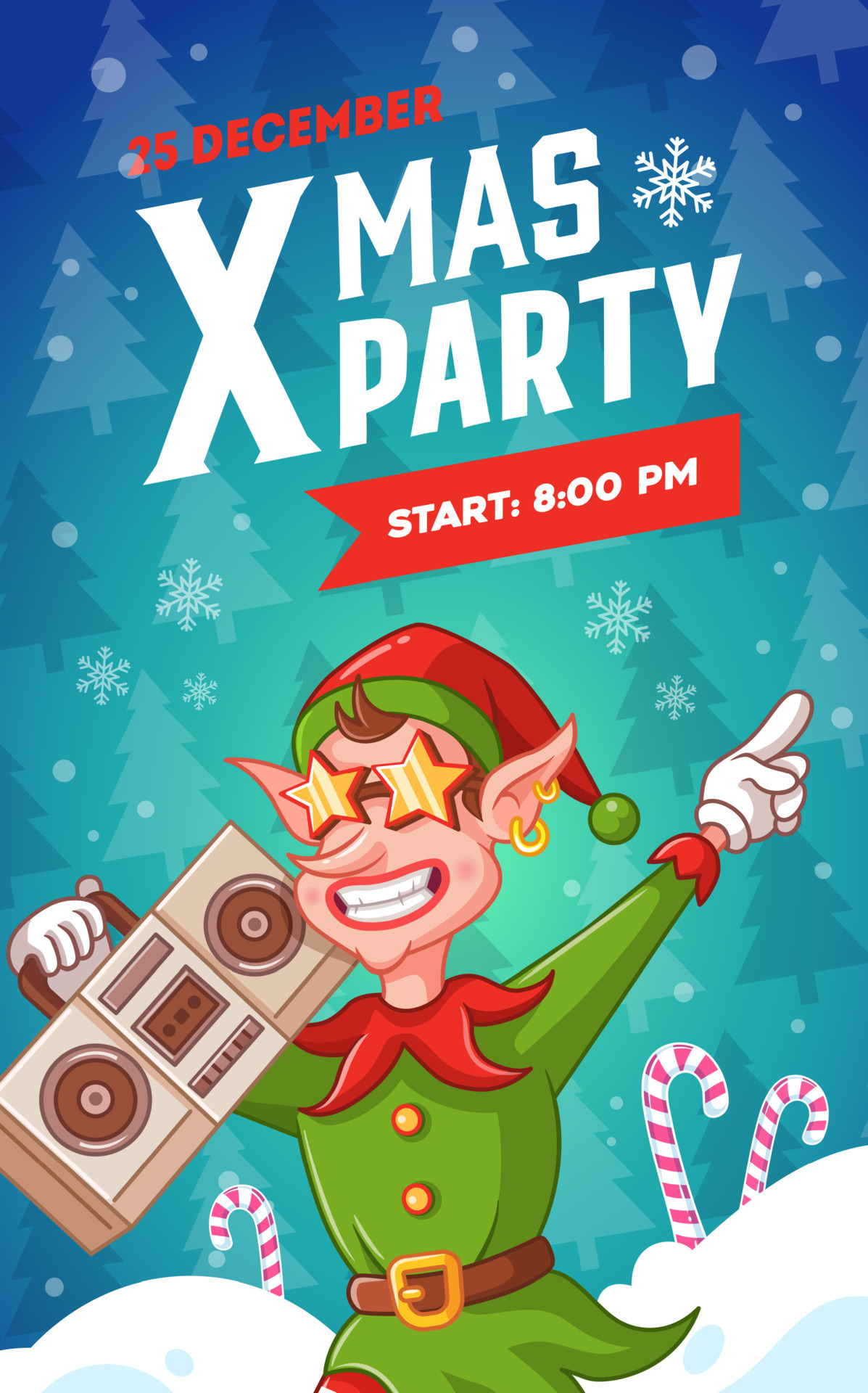 Christmas party invitation flyer. Christmas elf cartoon character ...
