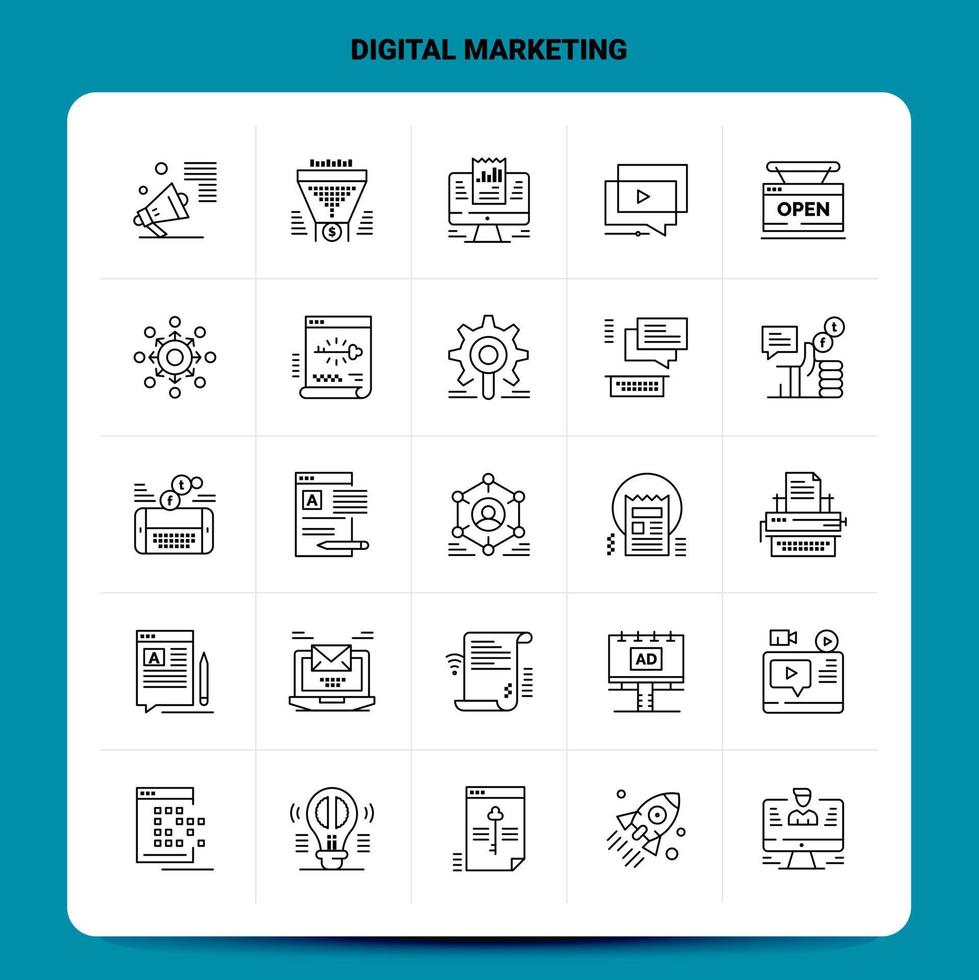 Outline 25 Digital Marketing Icon Set Vector Line Style Design Black