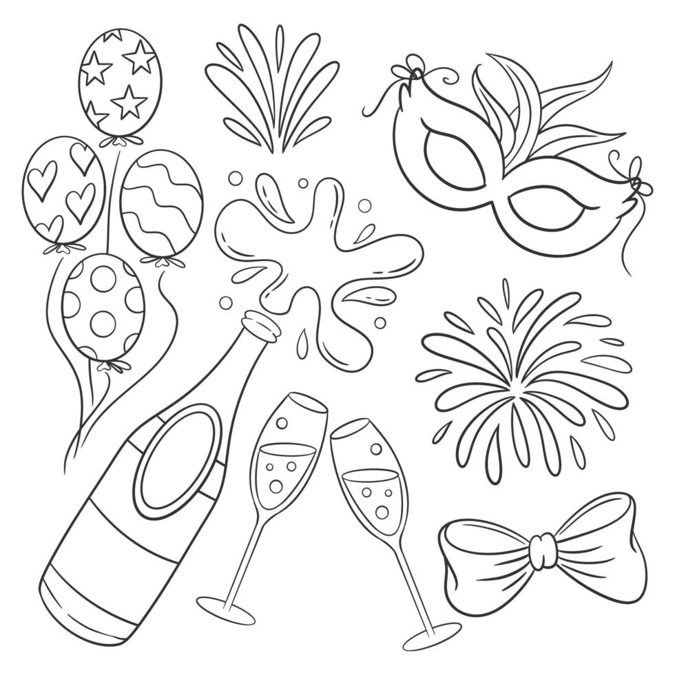 Hand drawn happy new year party element collection for coloring ...