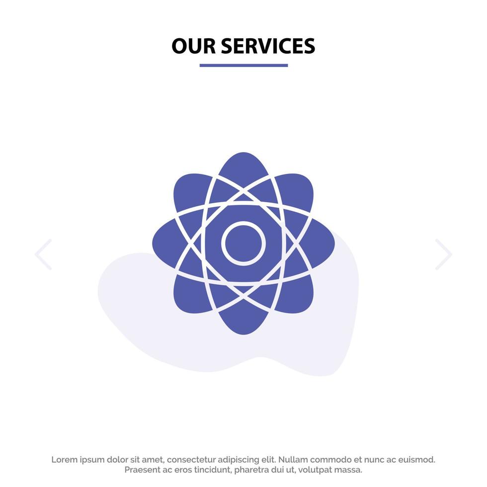 Our Services Atom Biochemistry Chemistry Laboratory Solid Glyph Icon Web Card Template 14657219