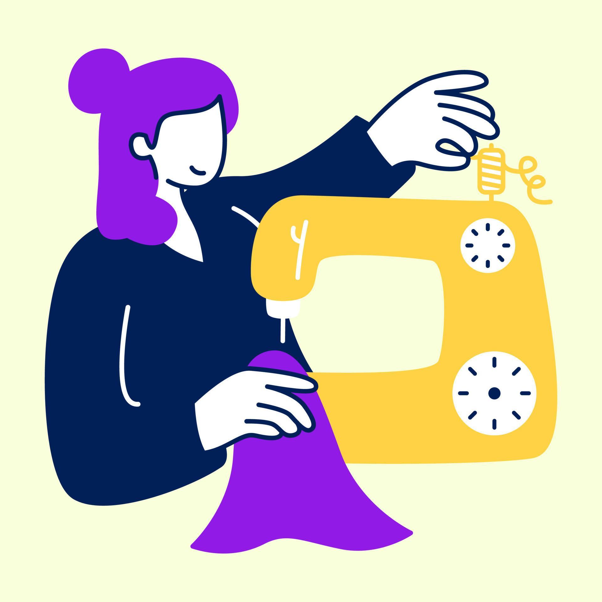 Woman Sewing Clothes With Sewing Machine Flat Design Modern Vector