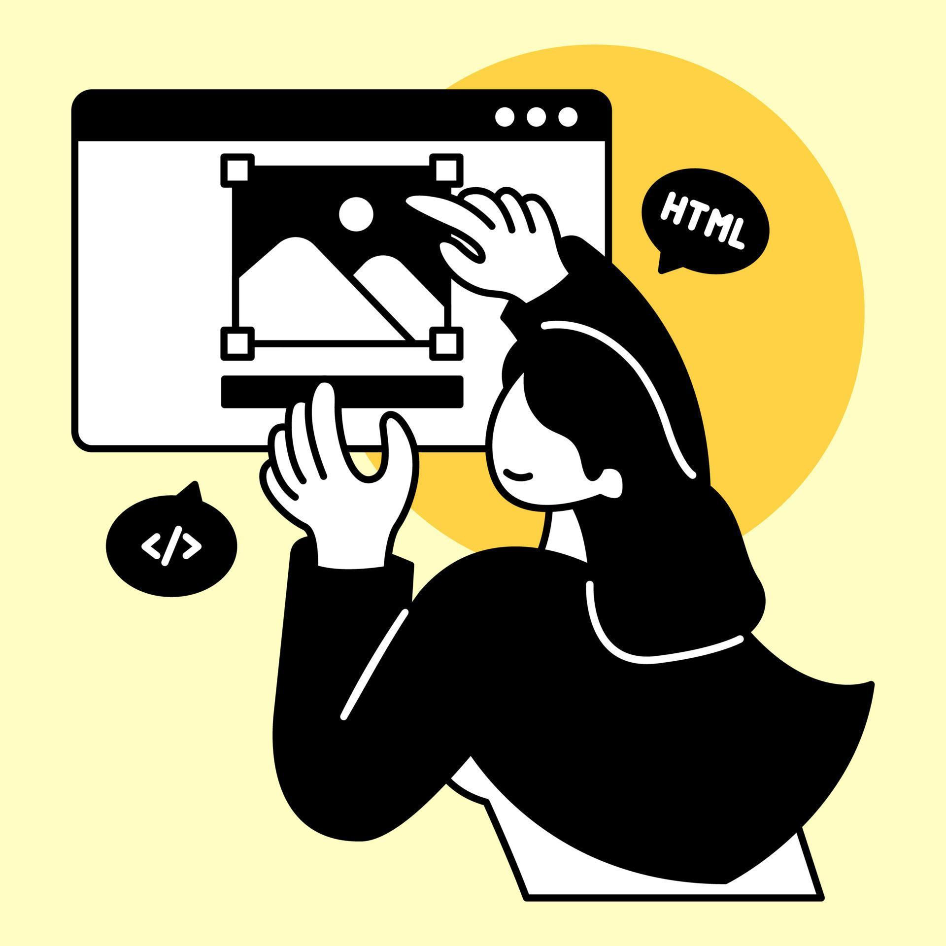 Female programmer arranging image layout on website. Programmer making ...