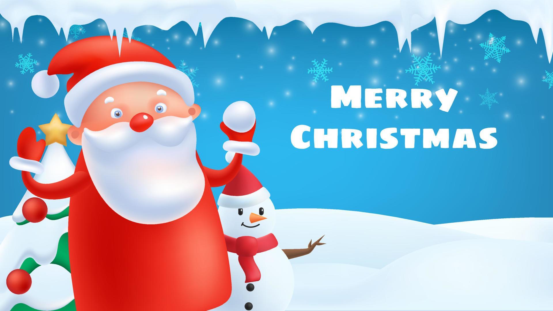 Santa Claus Snowman Christmas Tree Winter Season Card With Icicles