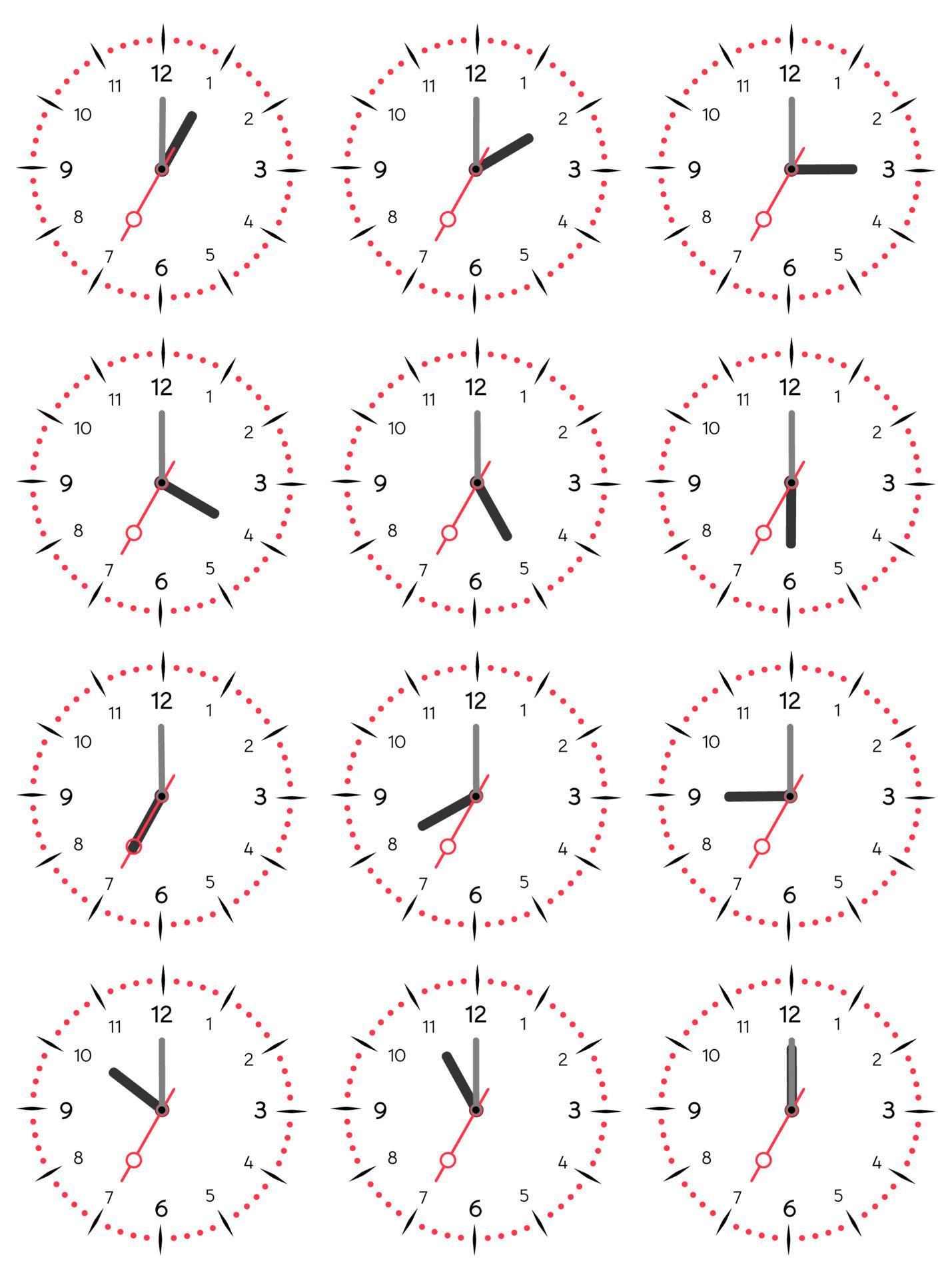 A set of mechanical clocks with an image of each of the twelve hours ...