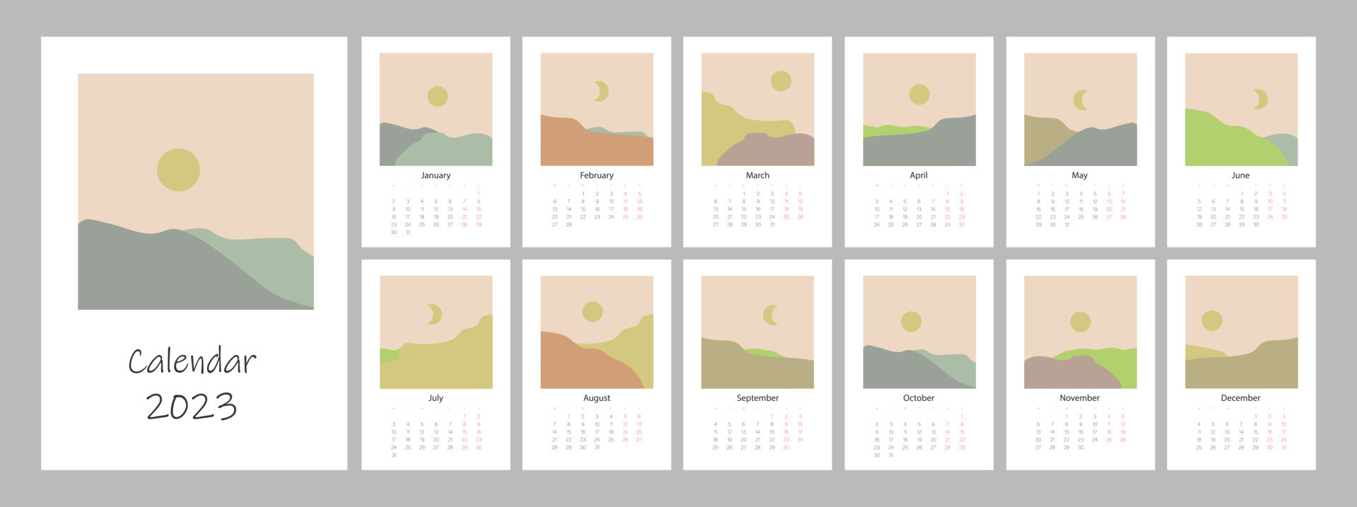 Calendar 2023 year template. Vertical design with abstract boho ...