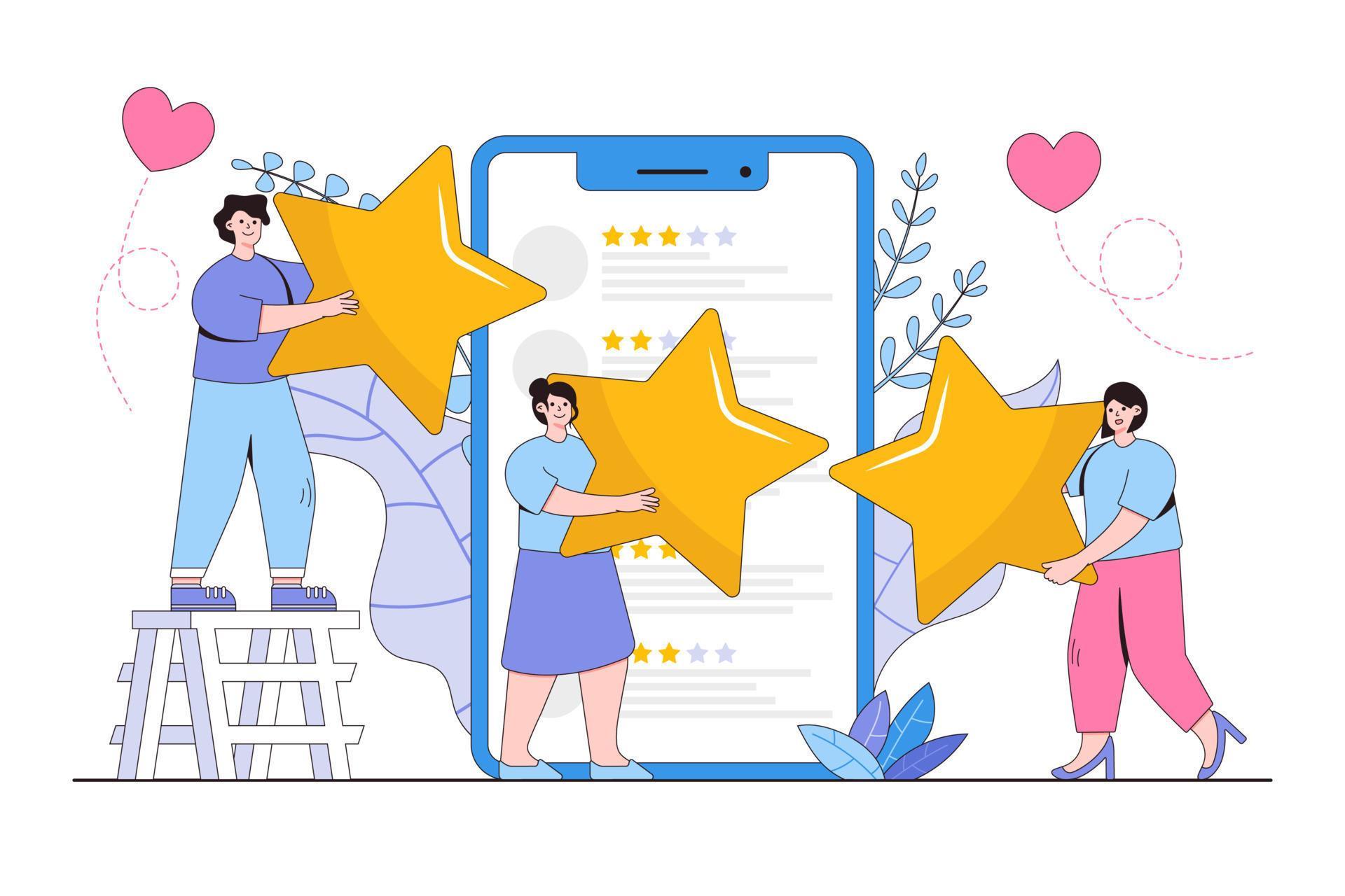 Customer reviews concept illustration. People holding rating stars. People leave feedback ...