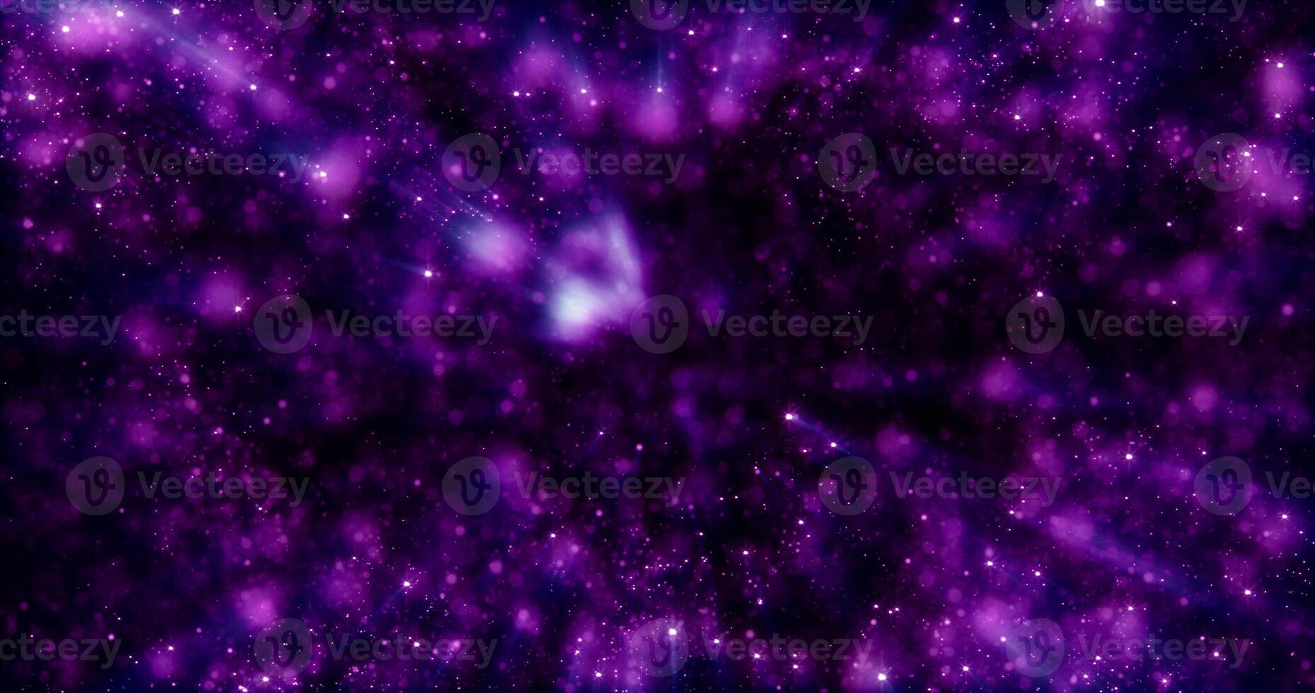 Purple and blue beautiful bright glowing shiny star particles flying in the galaxy in space ...
