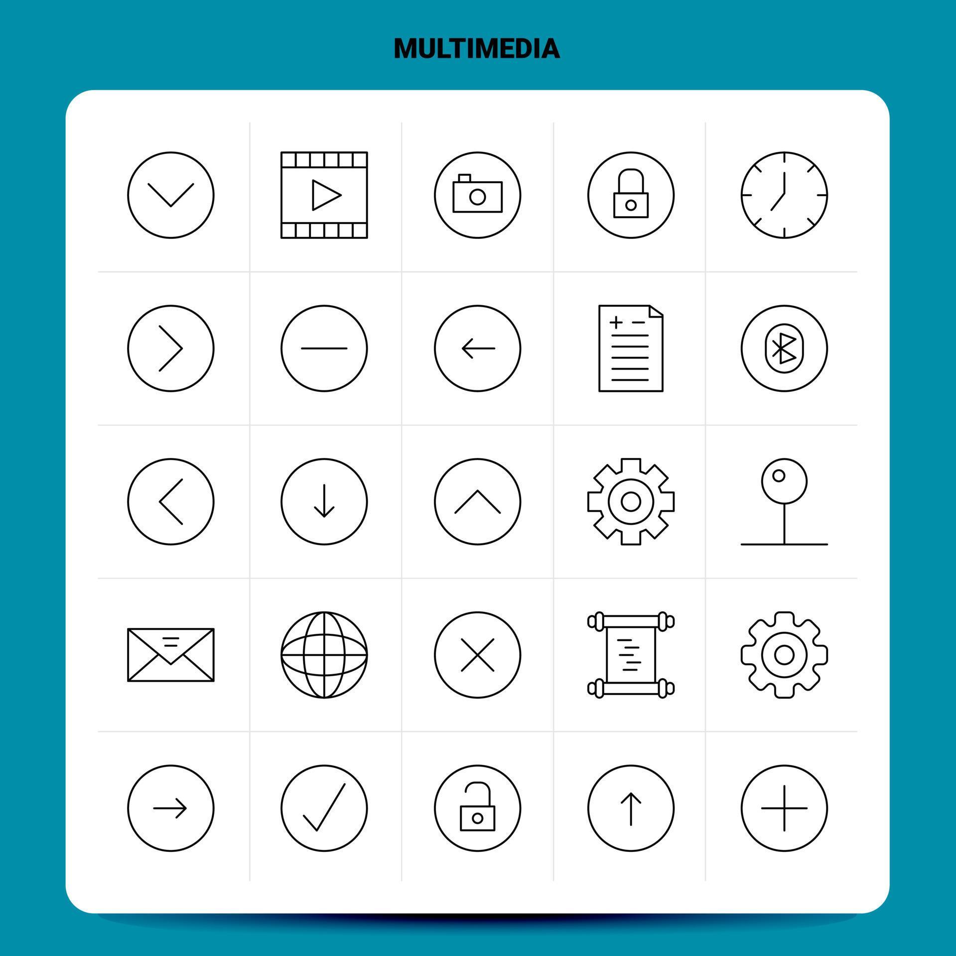 Outline 25 Multimedia Icon Set Vector Line Style Design Black Icons Set Linear Pictogram Pack