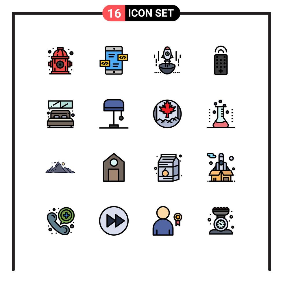 User Interface Pack Of 16 Basic Flat Color Filled Lines Of Hotel Tv Rocket Remote Spaceship