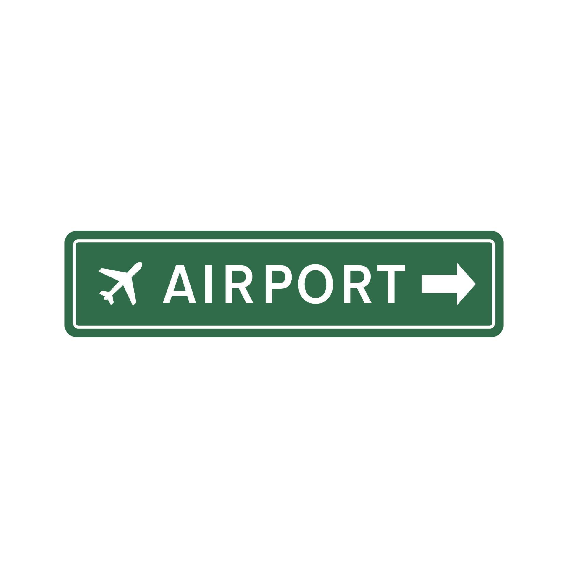 Airport road sign, green rectangle with white arrow and text 14718819 ...