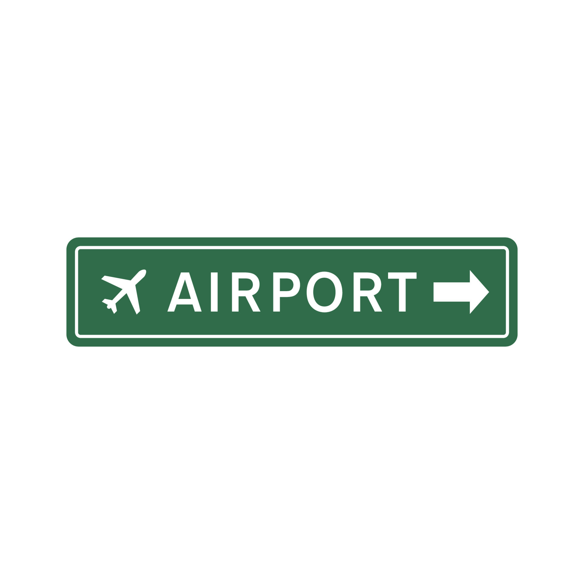 Airport road sign, green rectangle with white arrow and text 14718819 ...