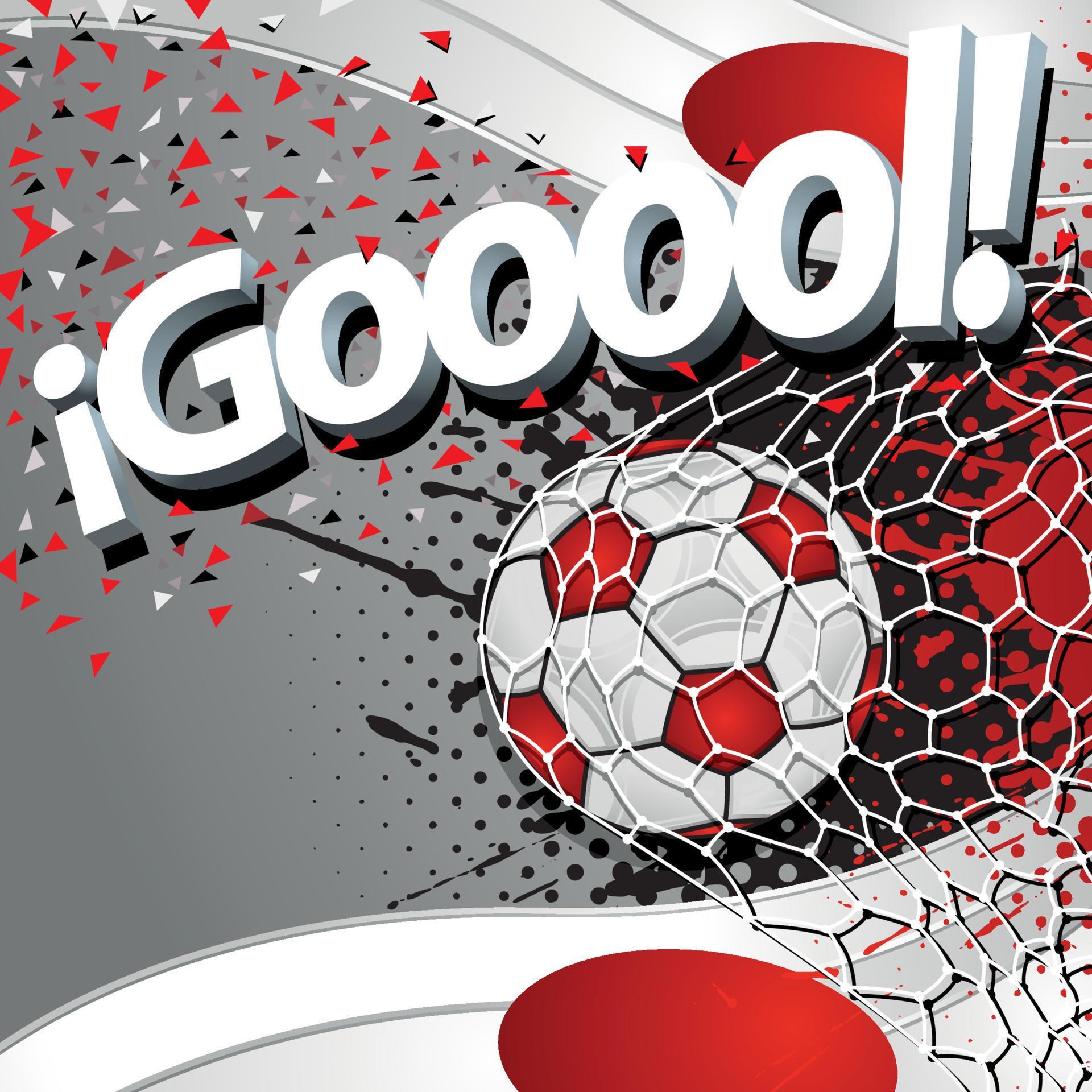 Word GOOOOL next to a soccer ball scoring a goal on a background of Japanese flags and red and ...