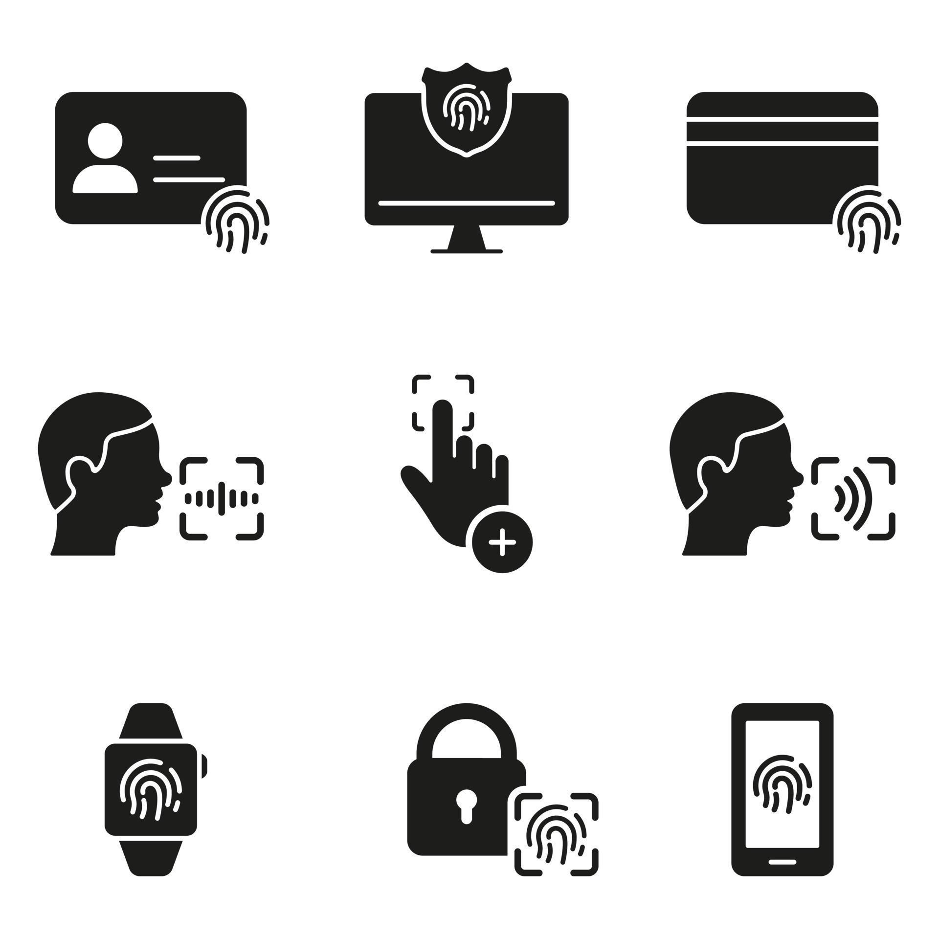 Biometric Identification Technology Silhouette Icon Set Password Finger Print Voice Command
