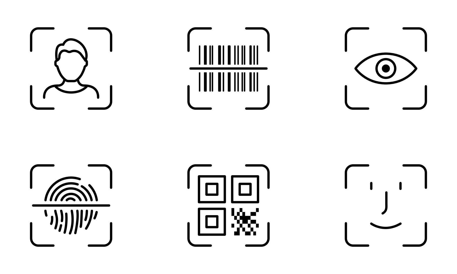 Biometric Identification By Finger Print Eye Recognize Touch Id Line Icon Set Scan Qr Code
