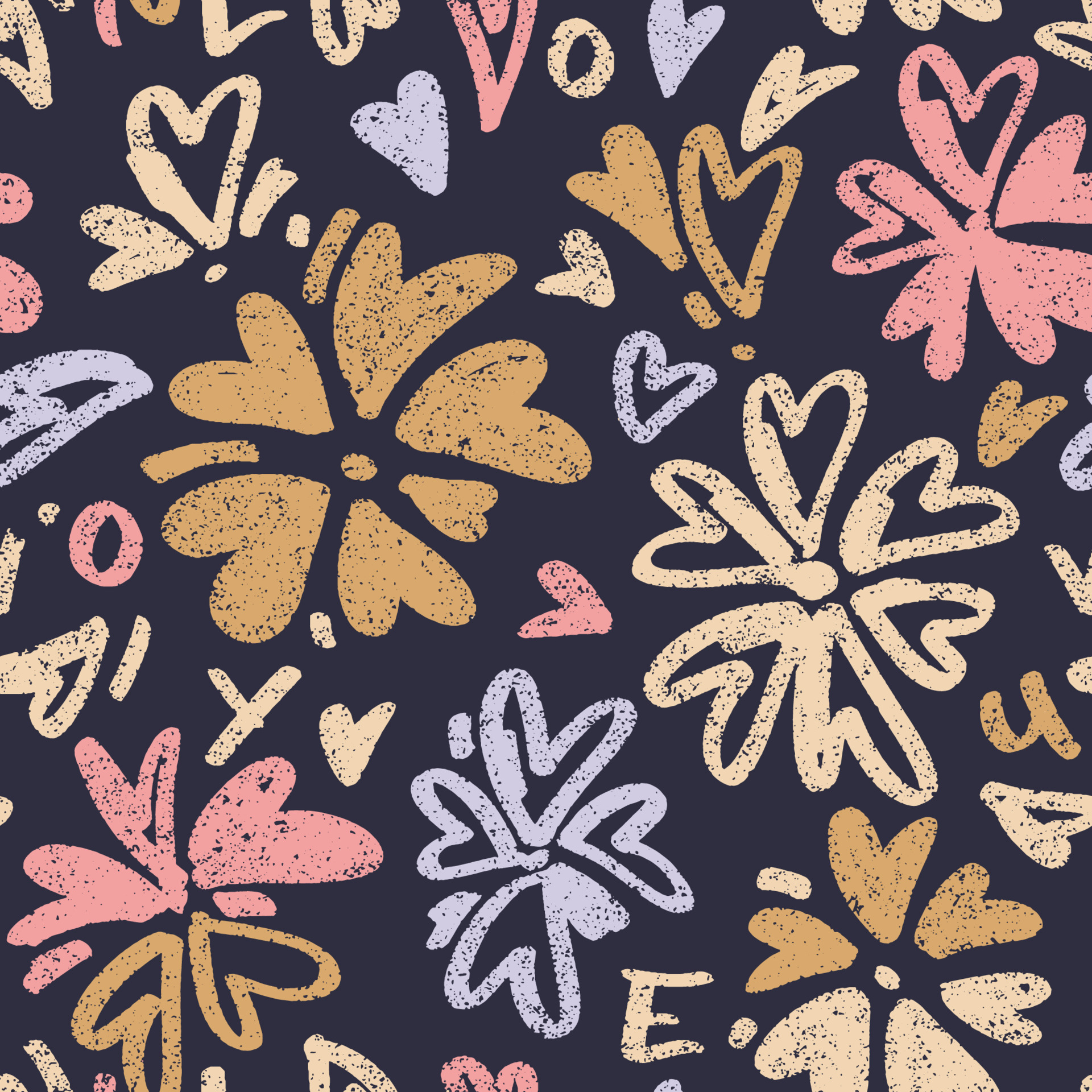 Pattern with textured hearts in flower shapes. Seamless colorful ...