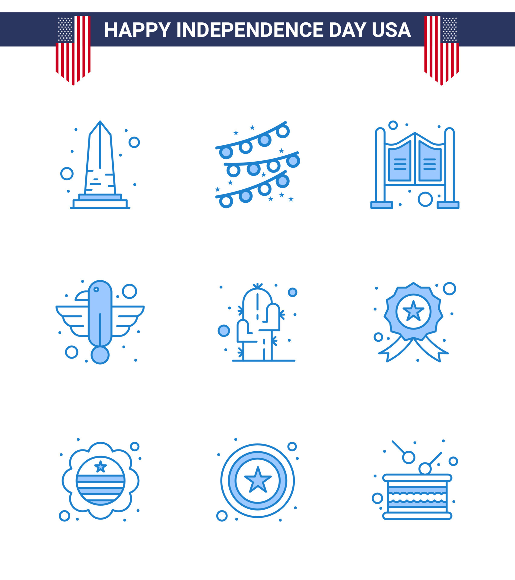 9 Estados Unidos Paquete Azul De Signos Y Símbolos Del Día De La Independencia De Cactus águila