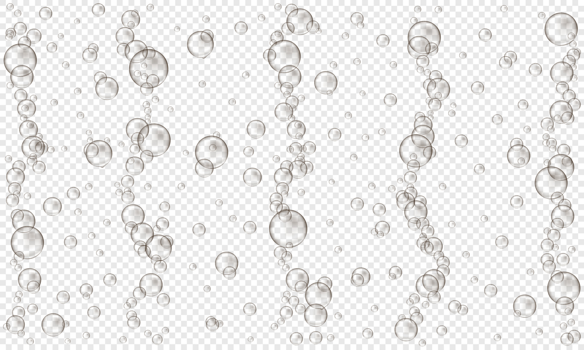 Oxygen bubbles on transparent background. Fizzy carbonated drink, seltzer, beer, soda, cola ...