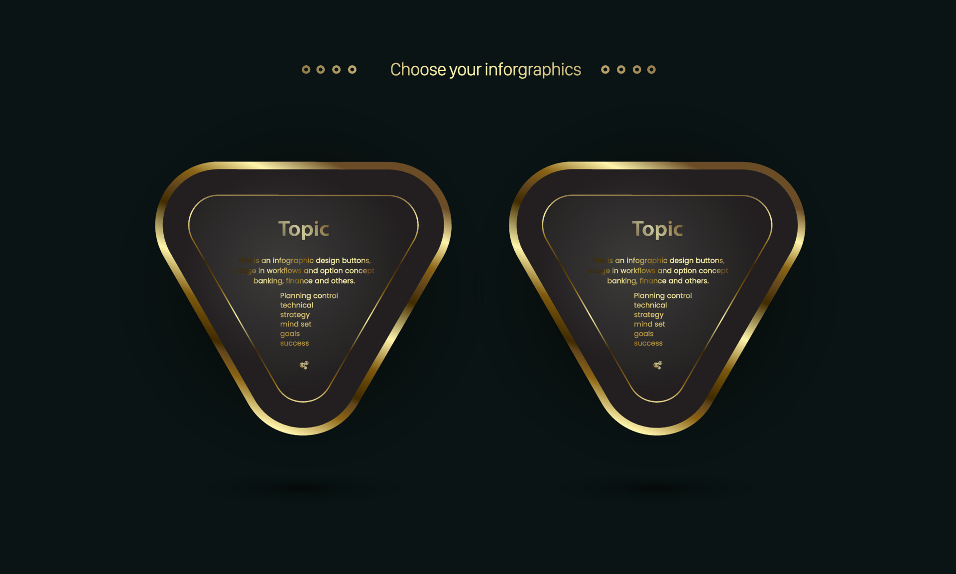 TWO gold Infographic option banners, triangle shape button on dark ...