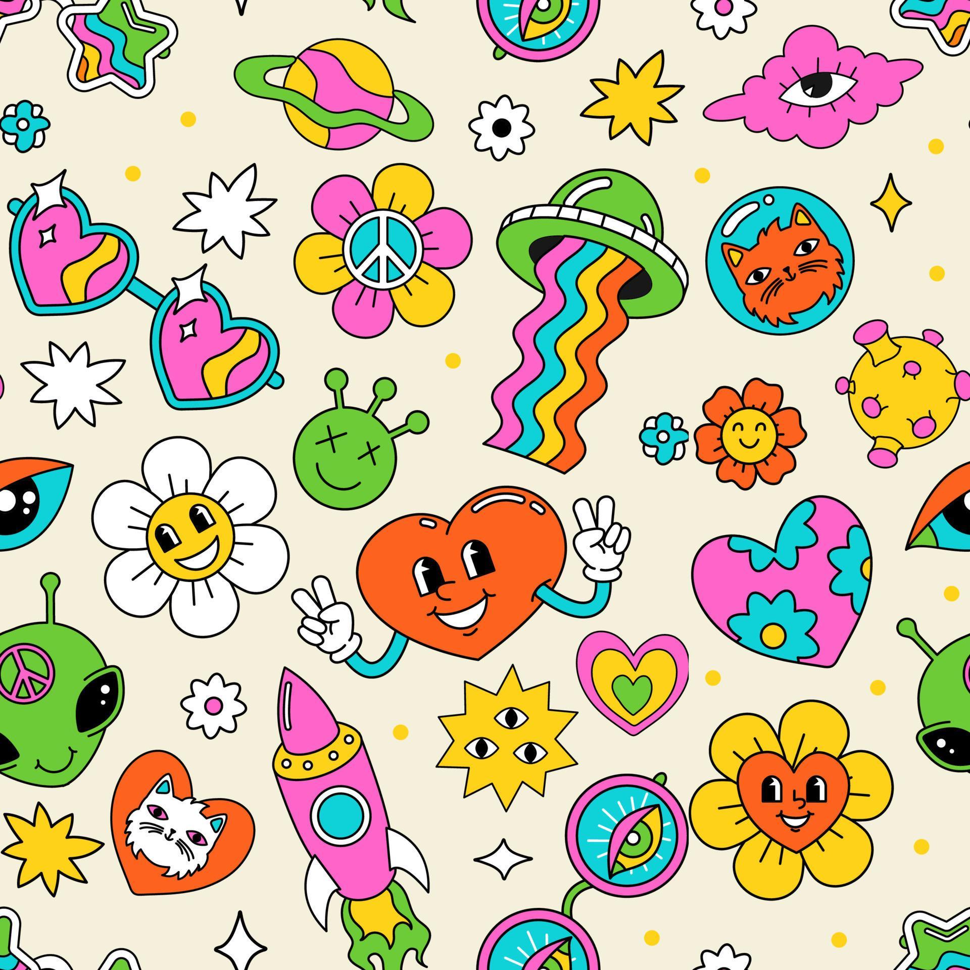 Seamless pattern with a hippie-style doodle. Retro bright with hearts and rainbow. Print for ...