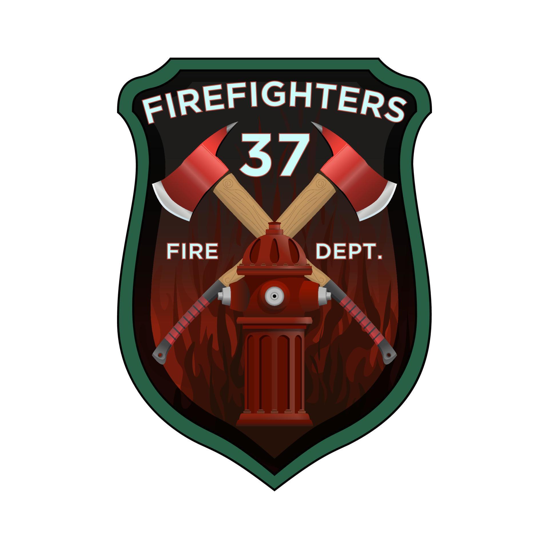 Firefighter Badge in realistic style. Firefighter axes and hydrant on ...