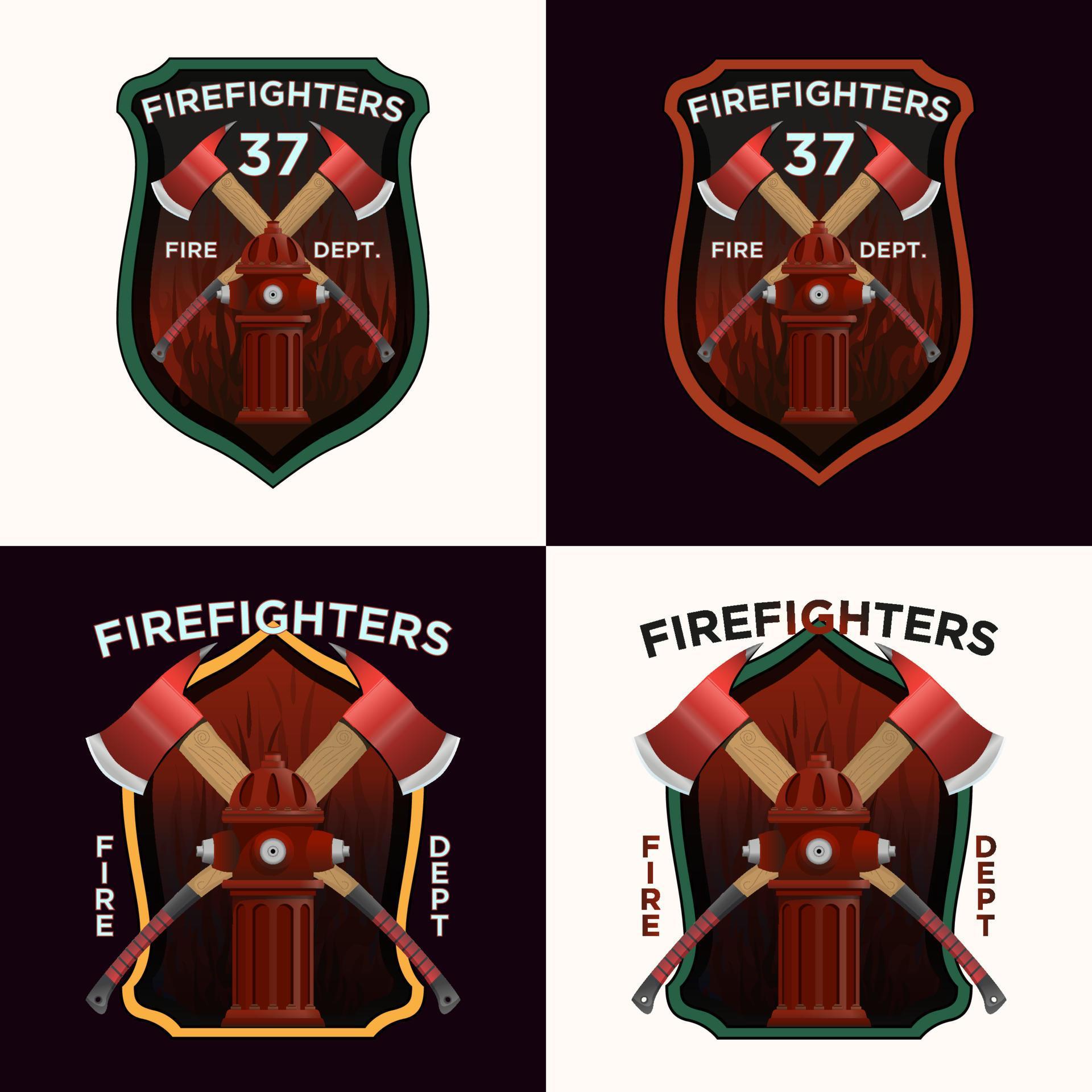 Firefighter Badge SET in realistic style. Firefighter axes and hydrant ...