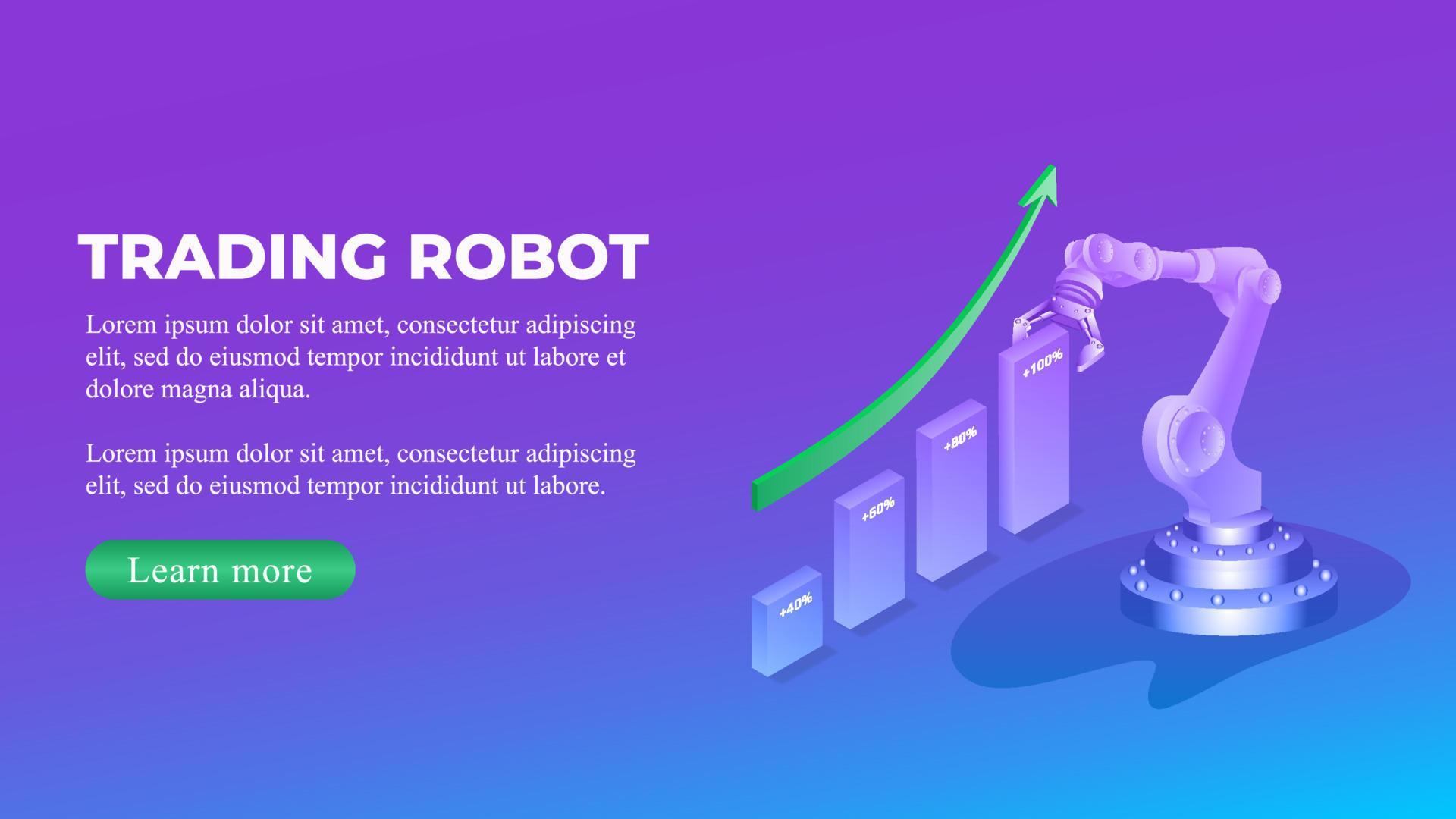 Trading robot isometric concept with chart and upward arrow and copy ...