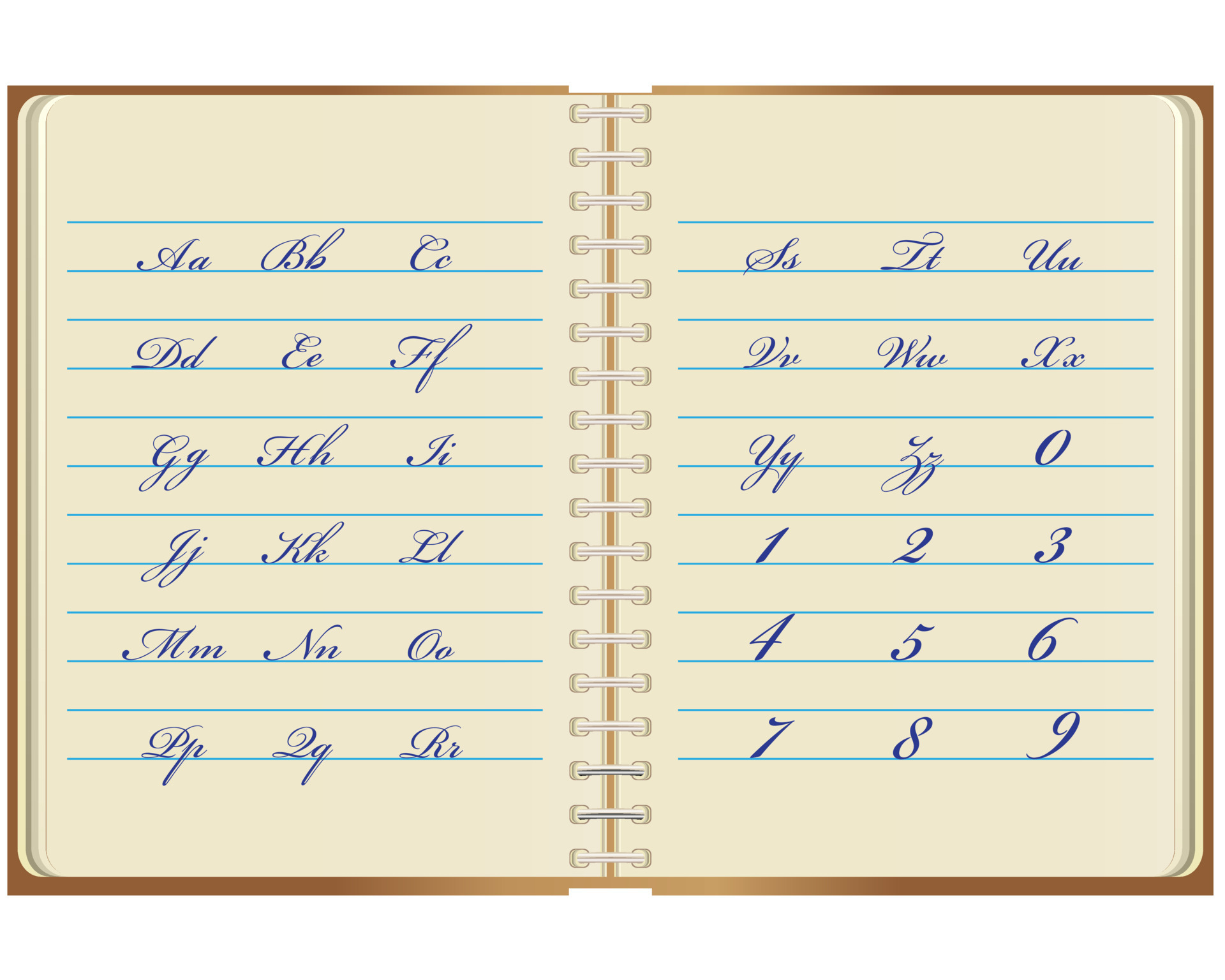 notebook with written letters of the English alphabet and numbers ...
