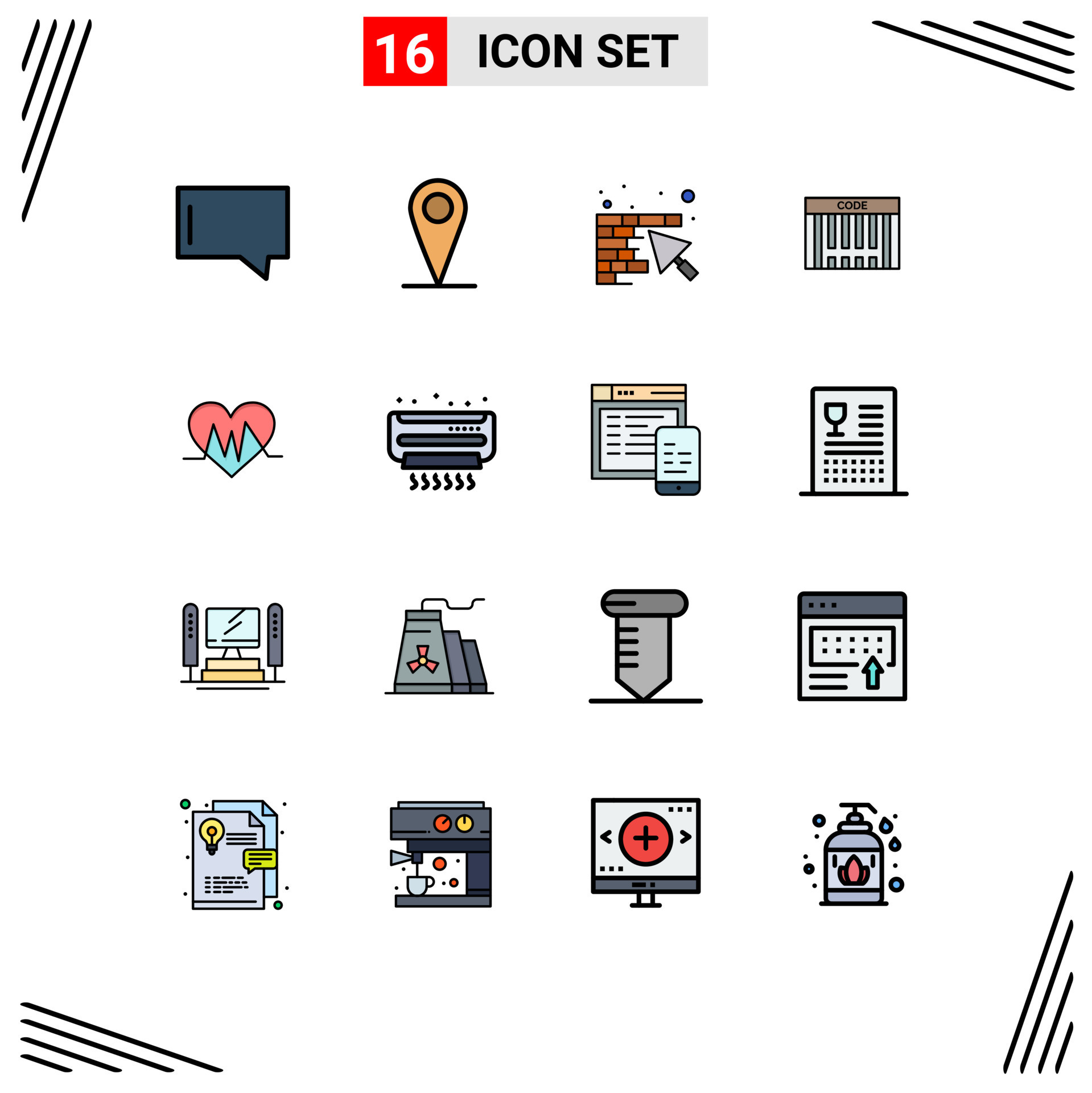 Set of 16 Modern UI Icons Symbols Signs for pulse heart tool medical code Editable Creative ...