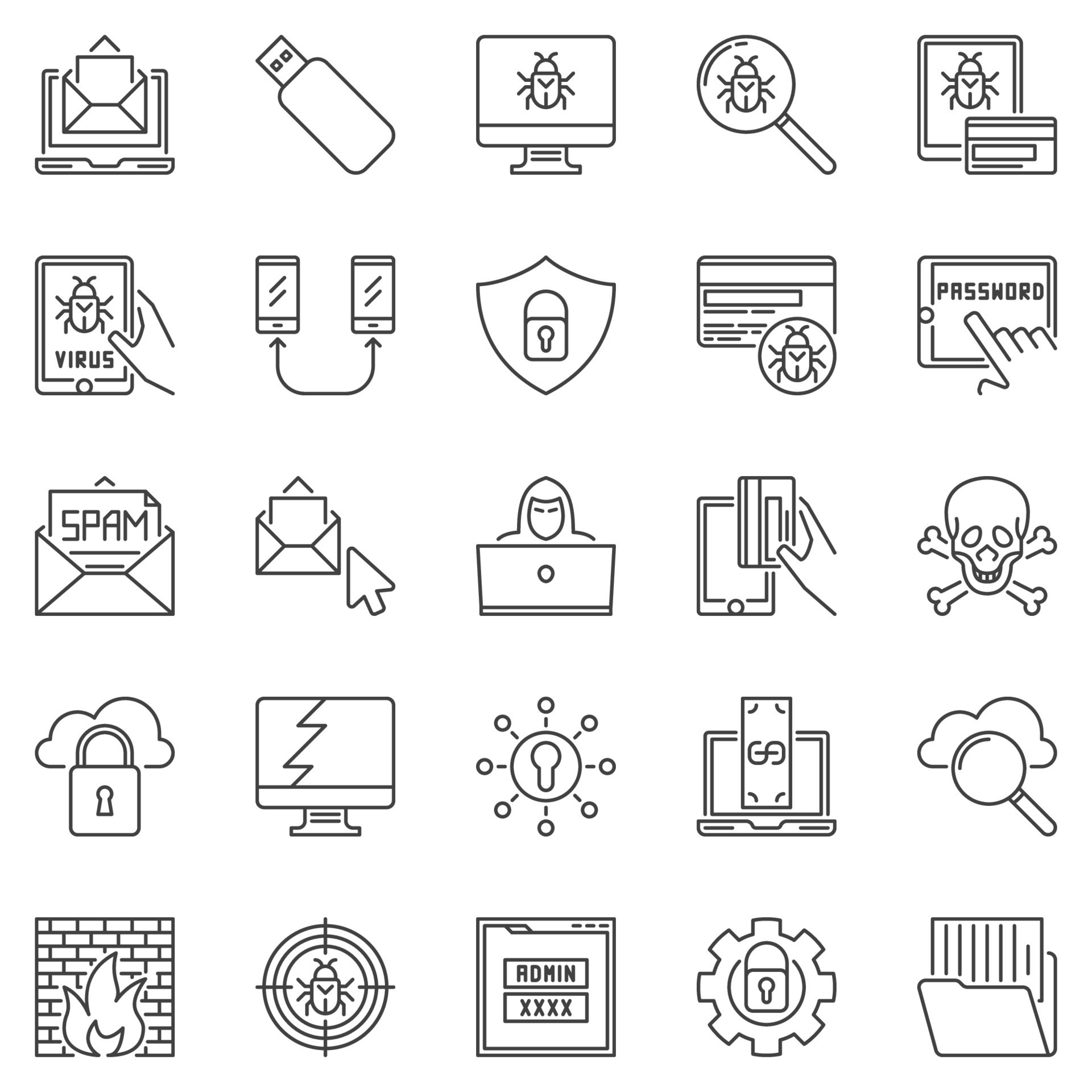 Hacker And Computer Virus Outline Icons Set Vector Symbols 14761788 Vector Art At Vecteezy