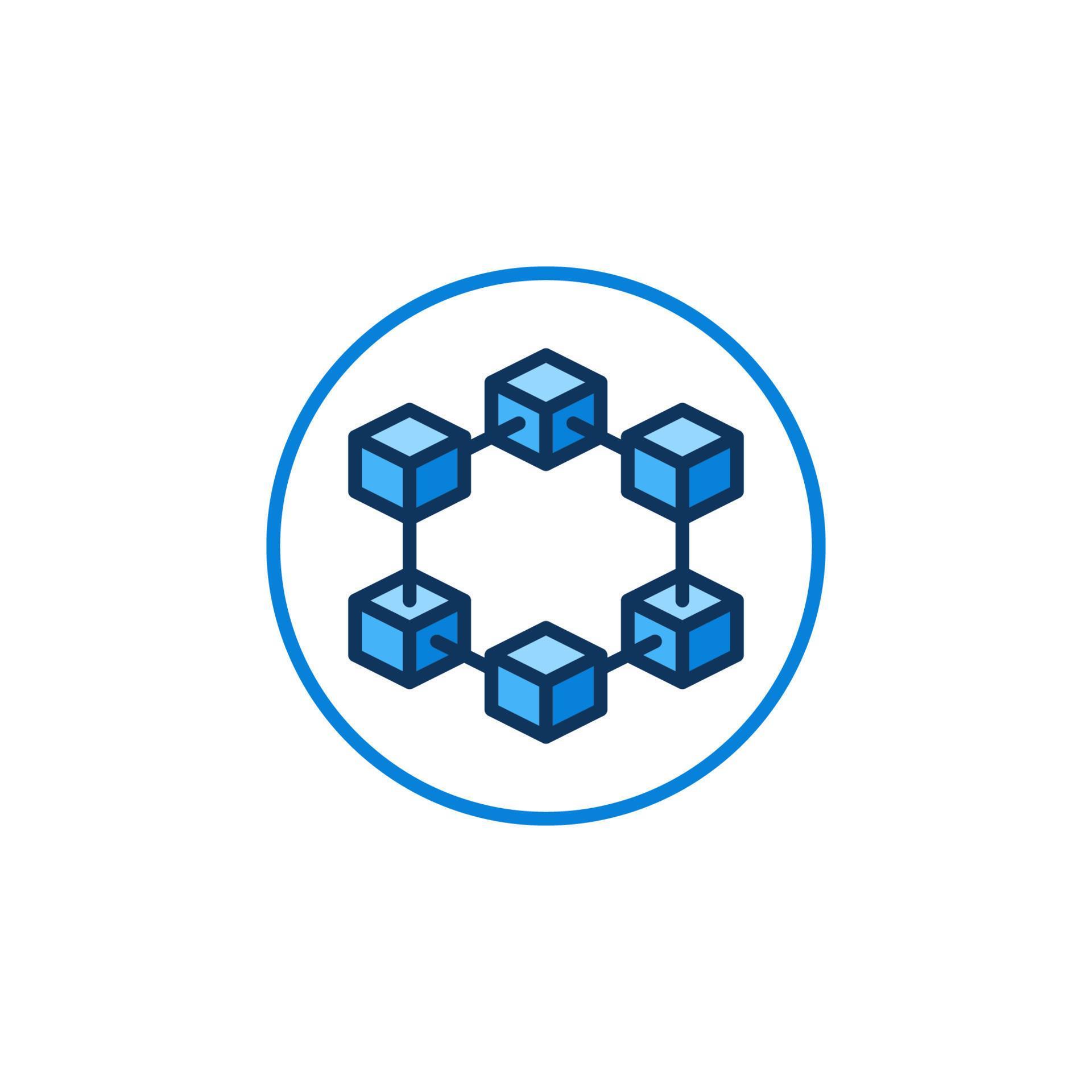 Blockchain with 6 Blocks in circle vector concept blue icon. Block ...