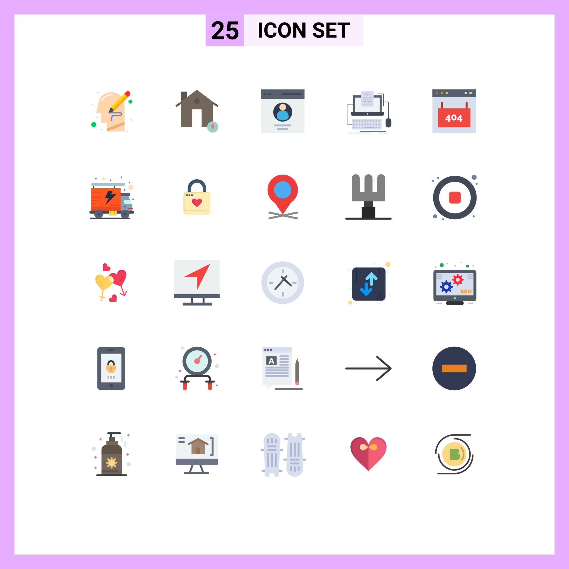 Pictogram Set Of 25 Simple Flat Colors Of Monoblock Coding Location Code Profile Editable Vector