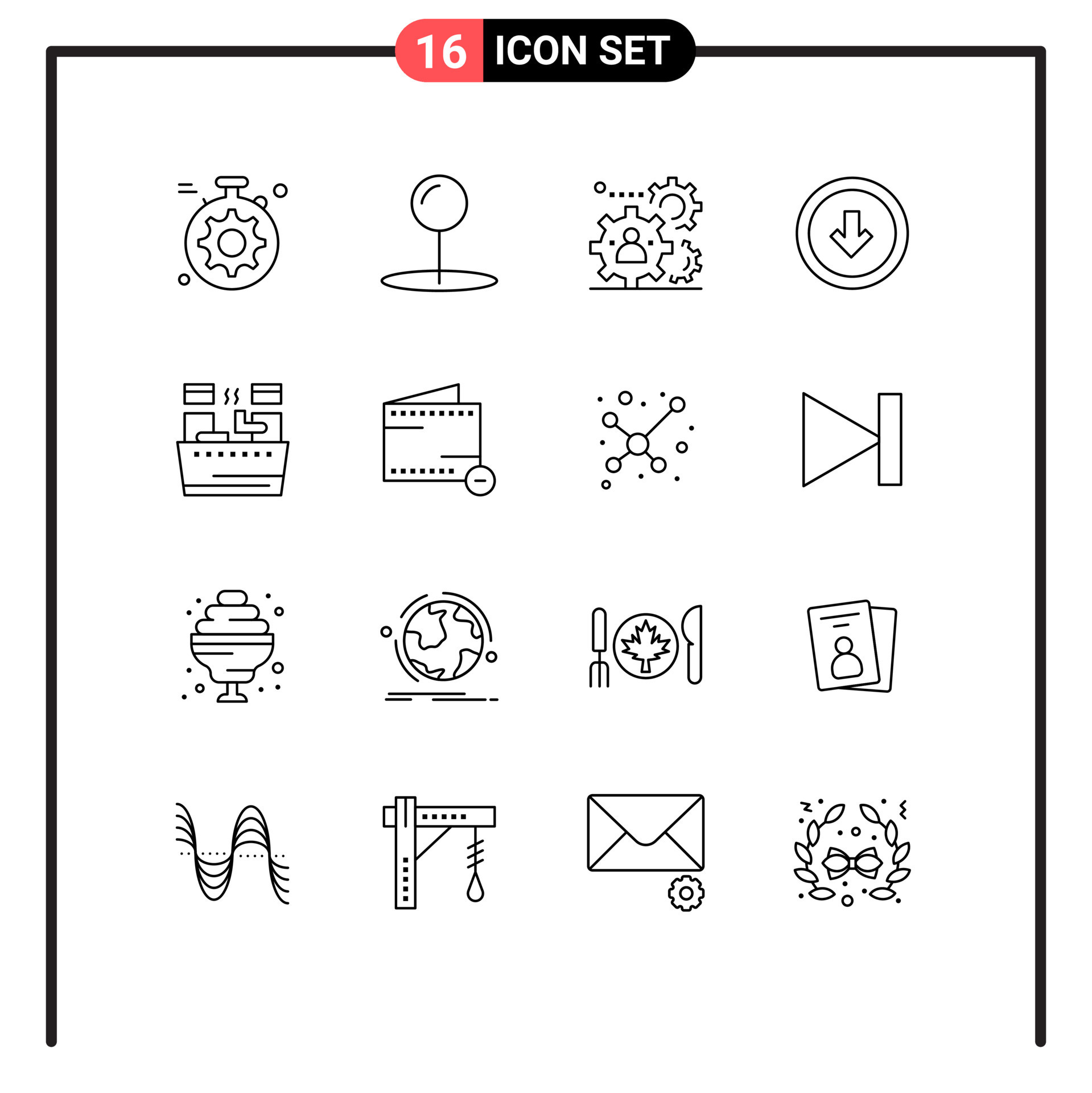 Mobile Interface Outline Set Of 16 Pictograms Of Soak Down Production User Interface Button