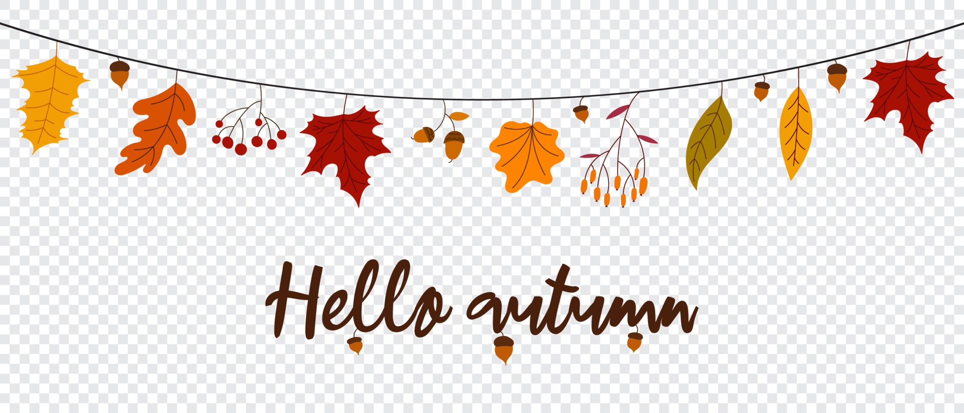 Hello Autumn concept colorful leaves. Autumn leaves decoration garland. Autumn leaves banner for ...
