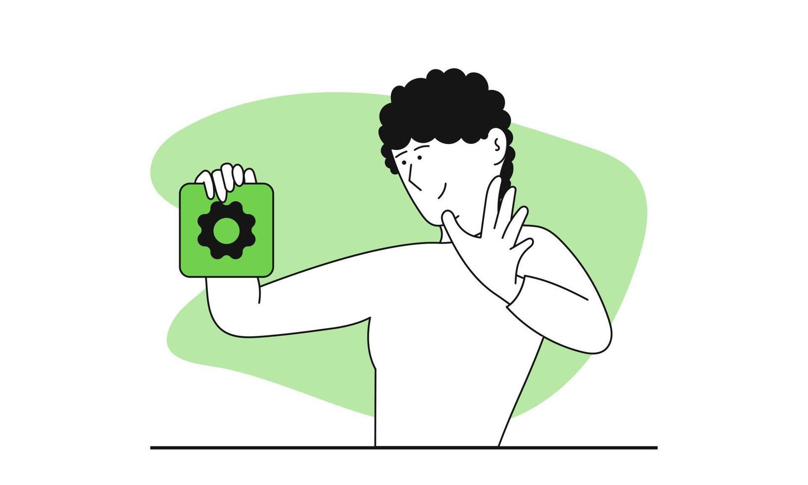 Man Holding A Settings Button In His Hand Vector Illustration Concept Business Strategy Process